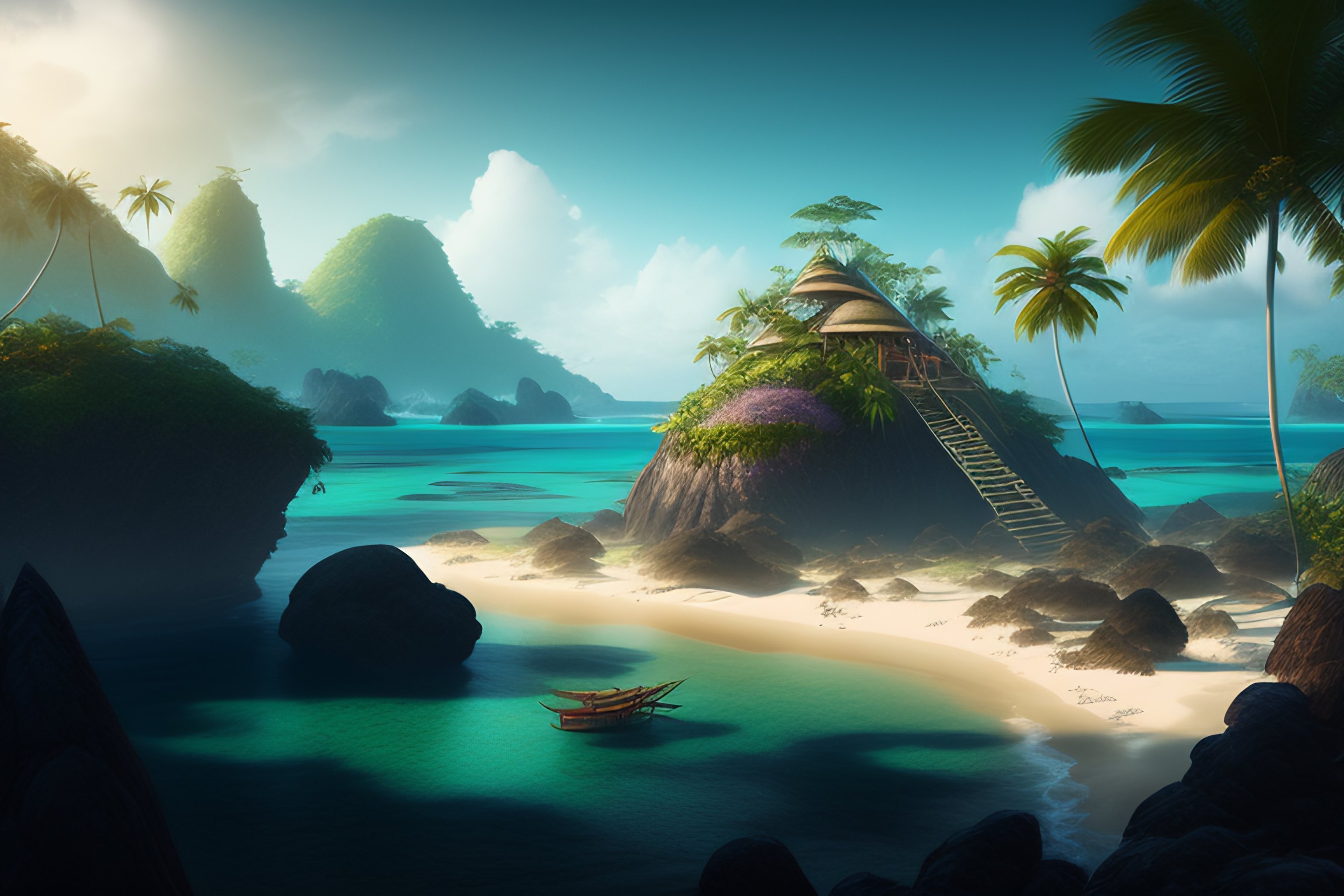 Lexica - Giant elven amerindian hut bamboo on tropical island beach ...