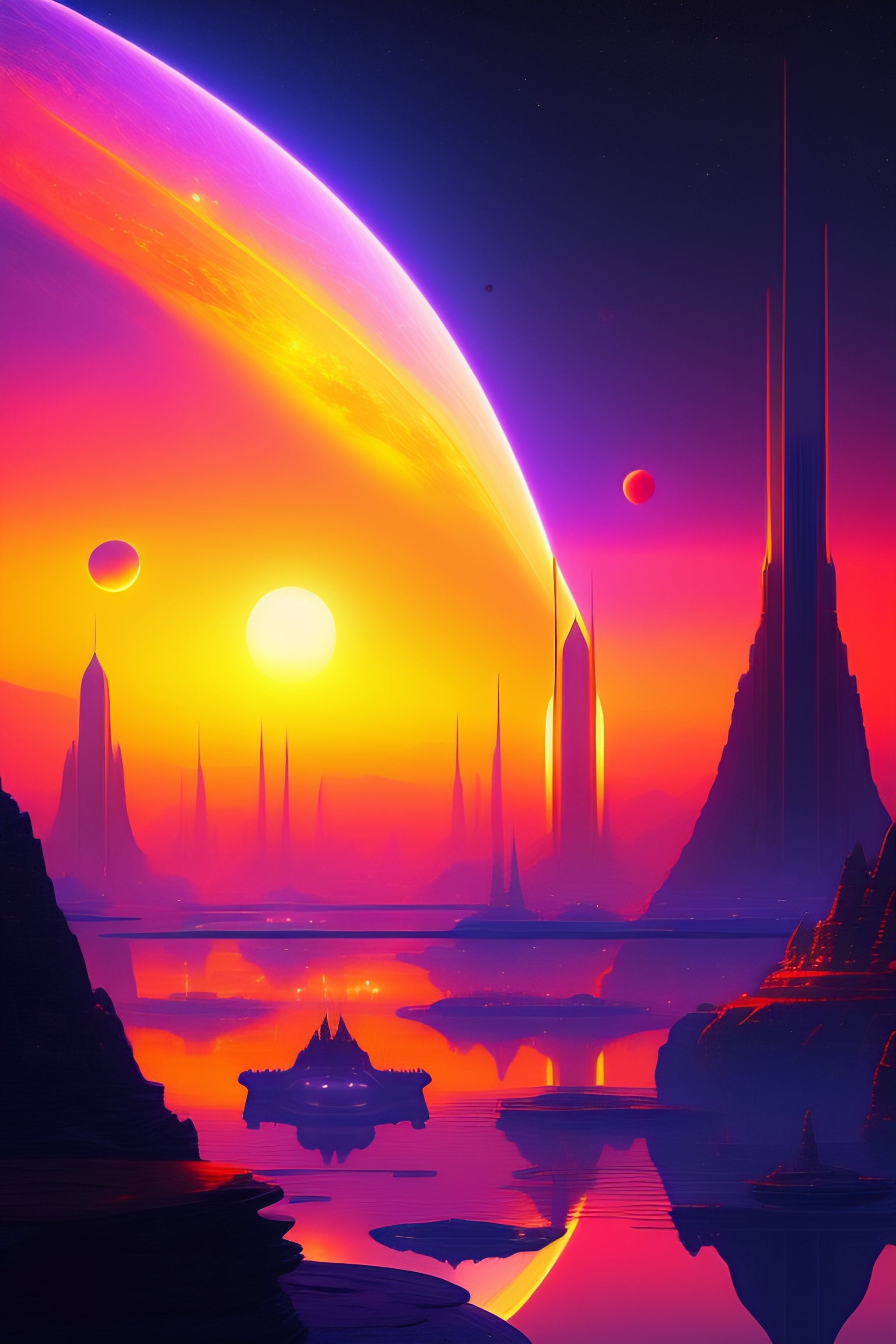 Lexica - Futuristic space port, morning sunrise, planets on the horizon, medium shot, by Raphael ...