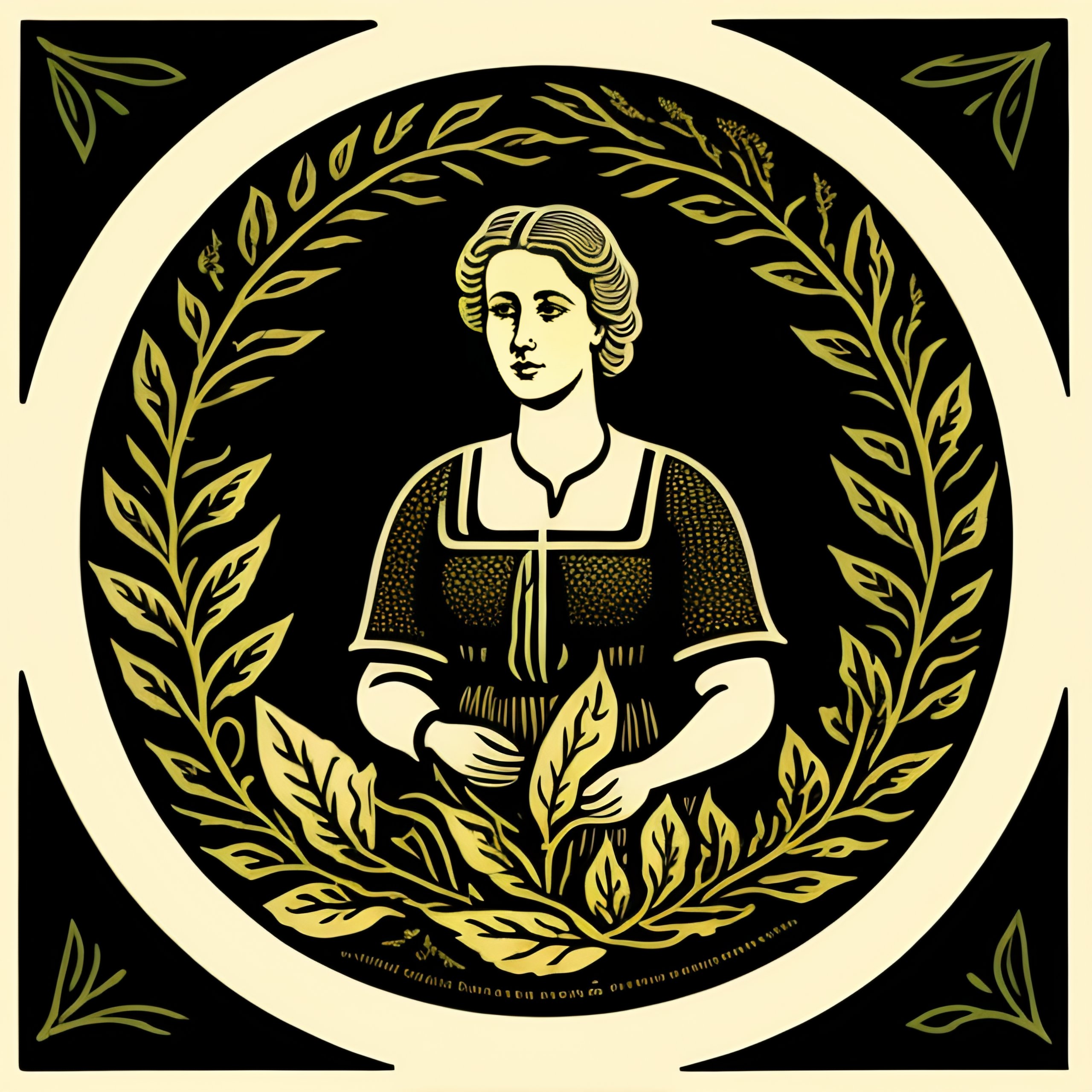 Lexica - Linocut, herbalist, surrounded by a wreath of oak leaves