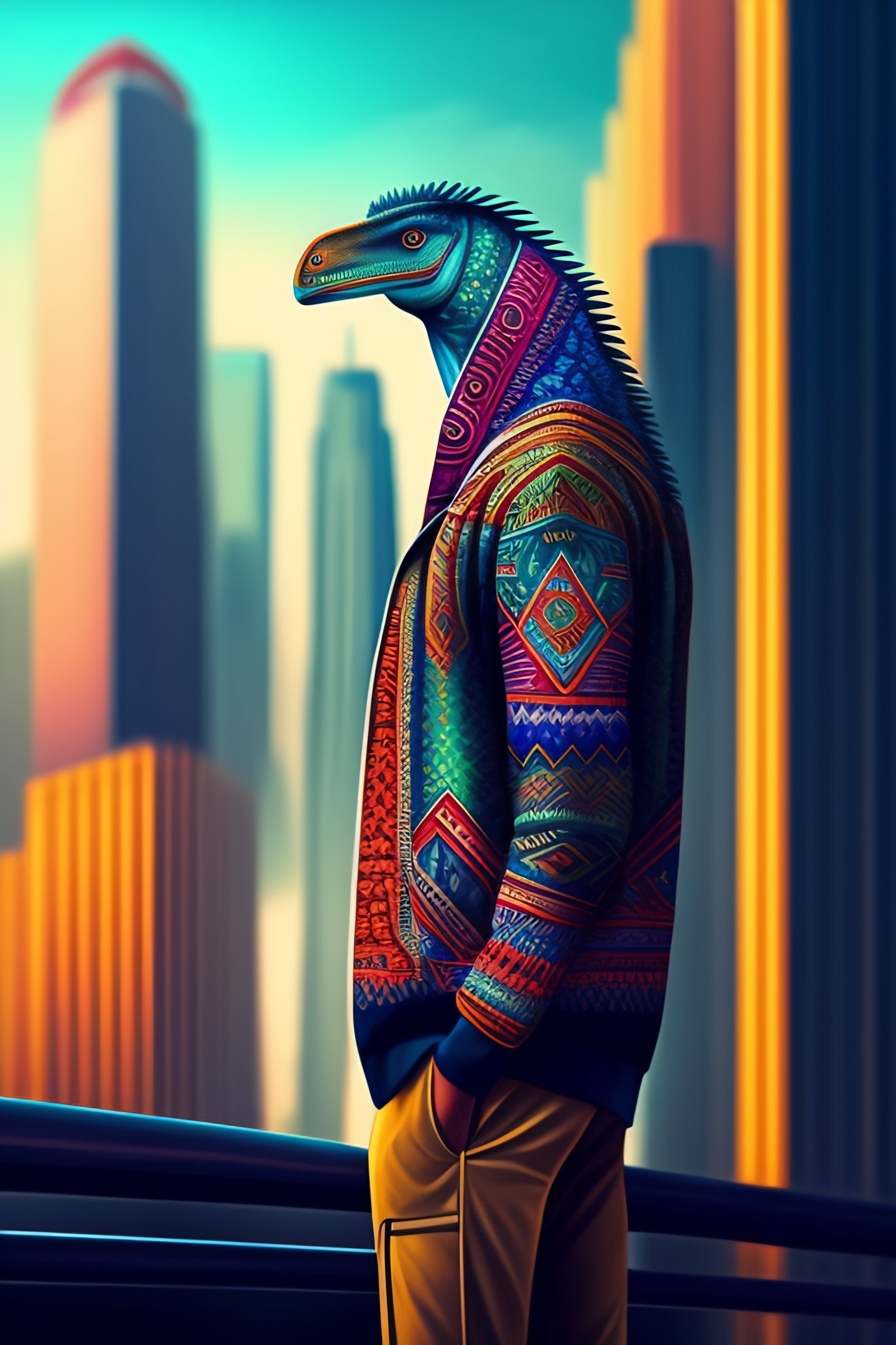 Lexica - Humanoid feathered dionsaur, long neck, aztec clothes, modern ...