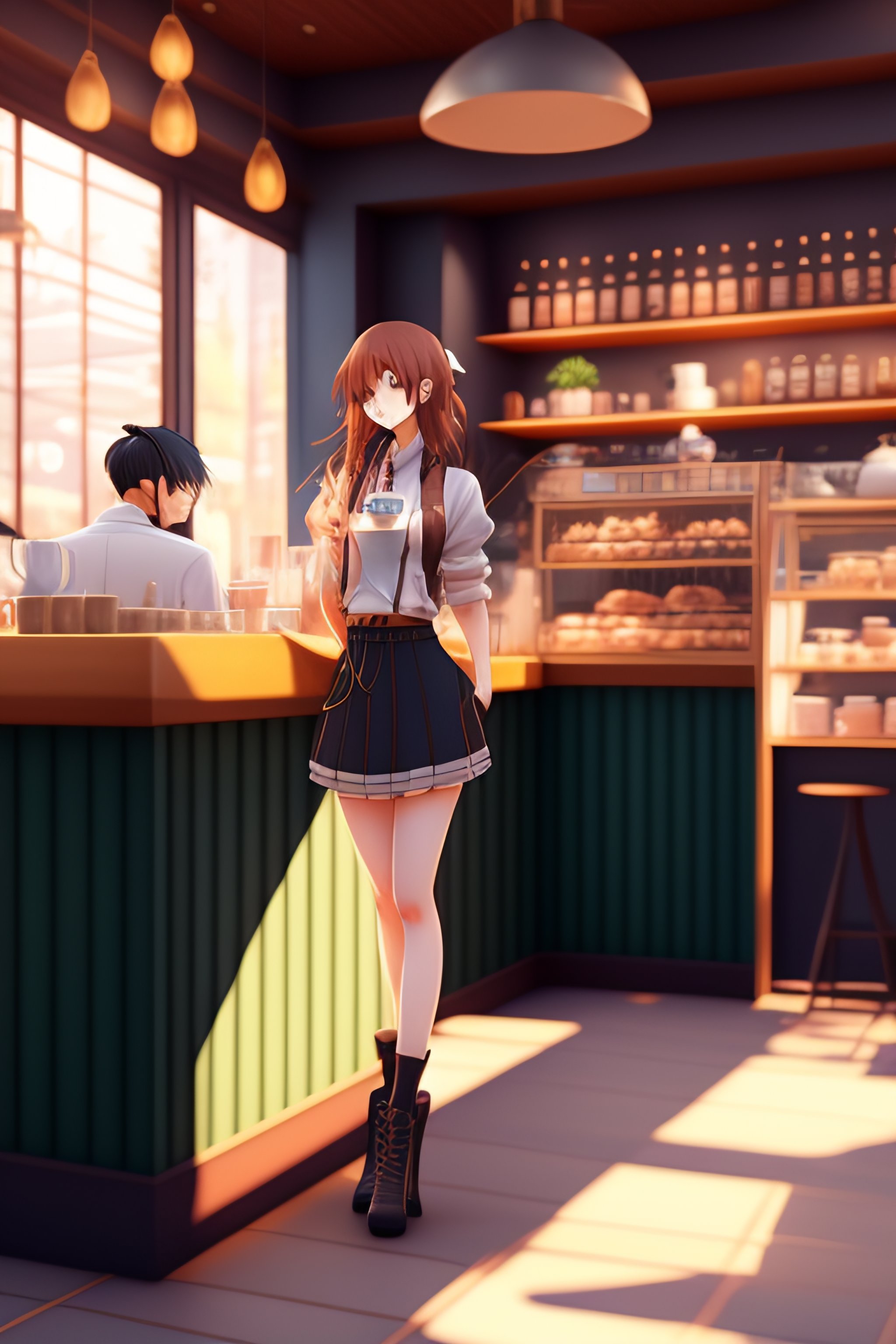 Lexica - Full body anime style model girl inside coffee shop, detailed ...