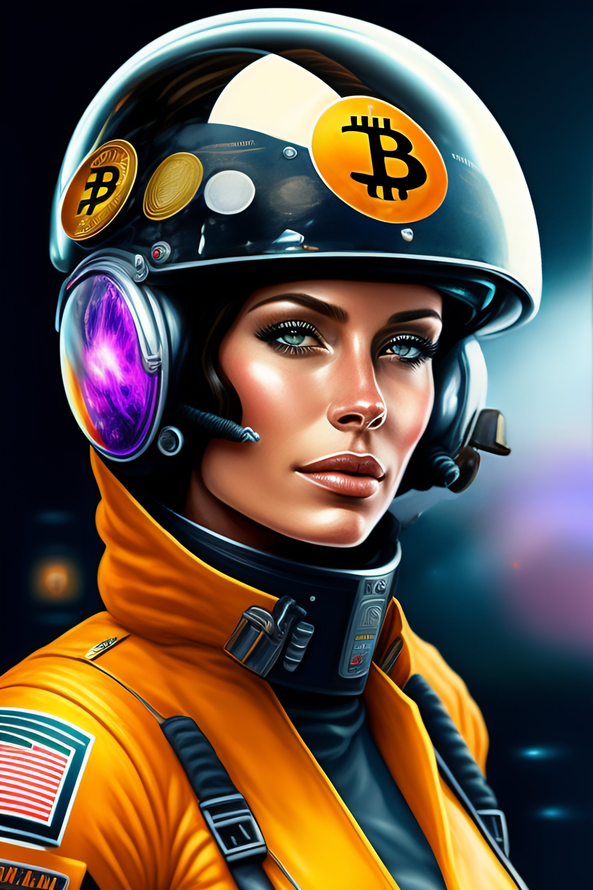 Lexica - Cyborg pilot women, with a bitcoin coin name in the helmet ...