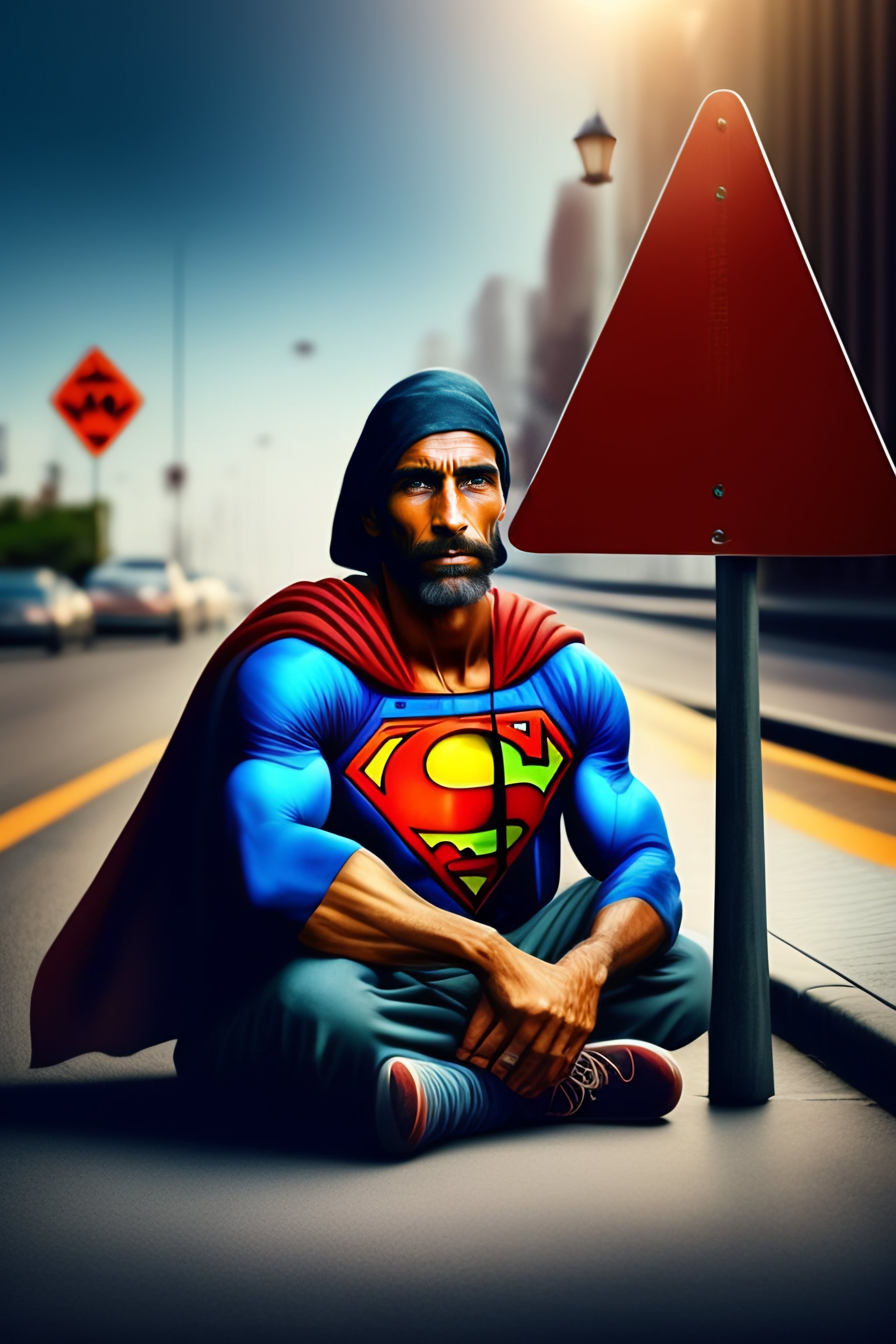 Lexica - Poor beggar. homeless on the street. cardboard sign. superman