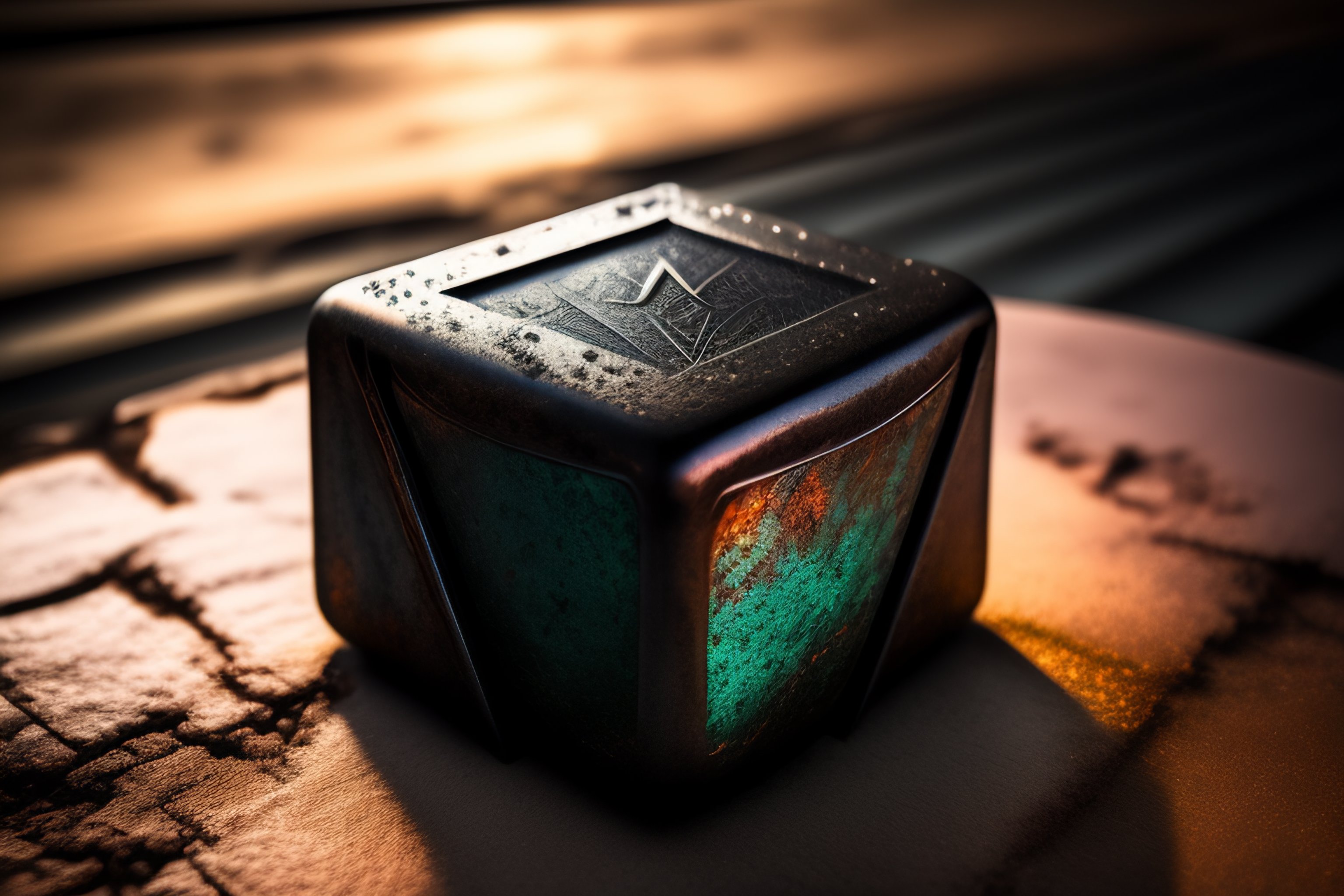 Lexica - Corroded metal prism with markings etched onto its surface ...