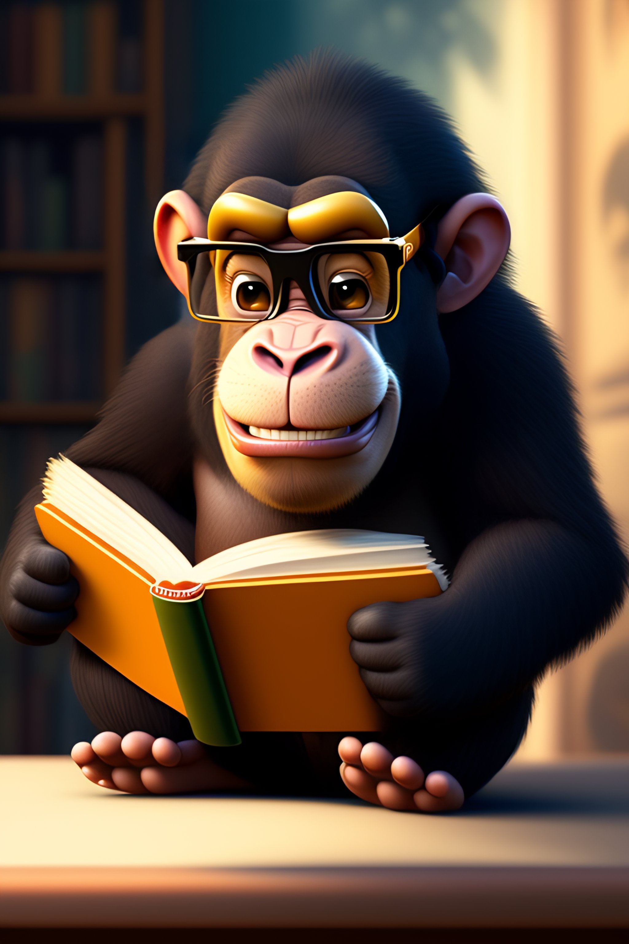 Lexica - Pixar art of a funny smiling ape reading a book with glasses