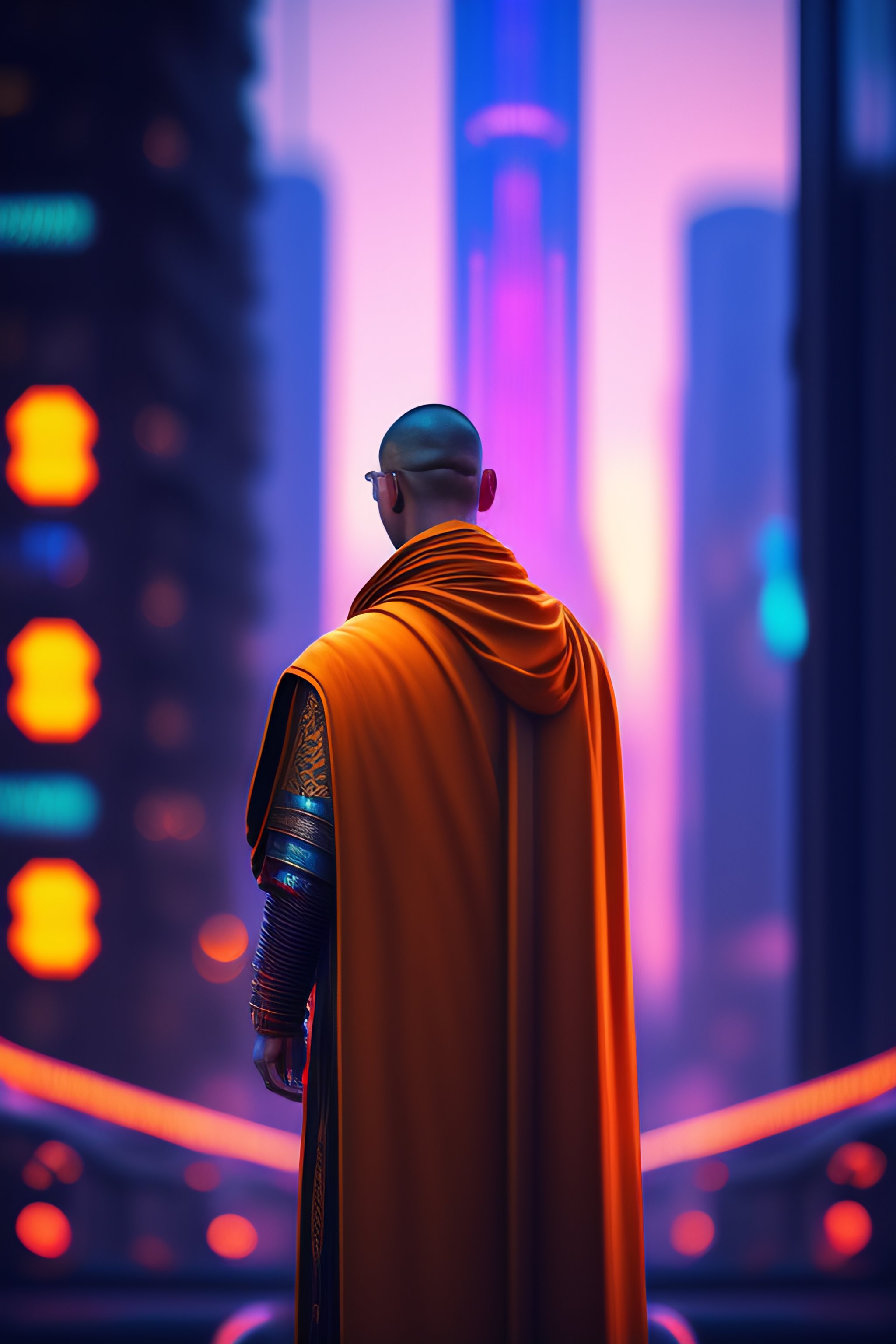 Lexica - Cyberpunk, buddhist monk, city, neon, skyscrapers, lights ...