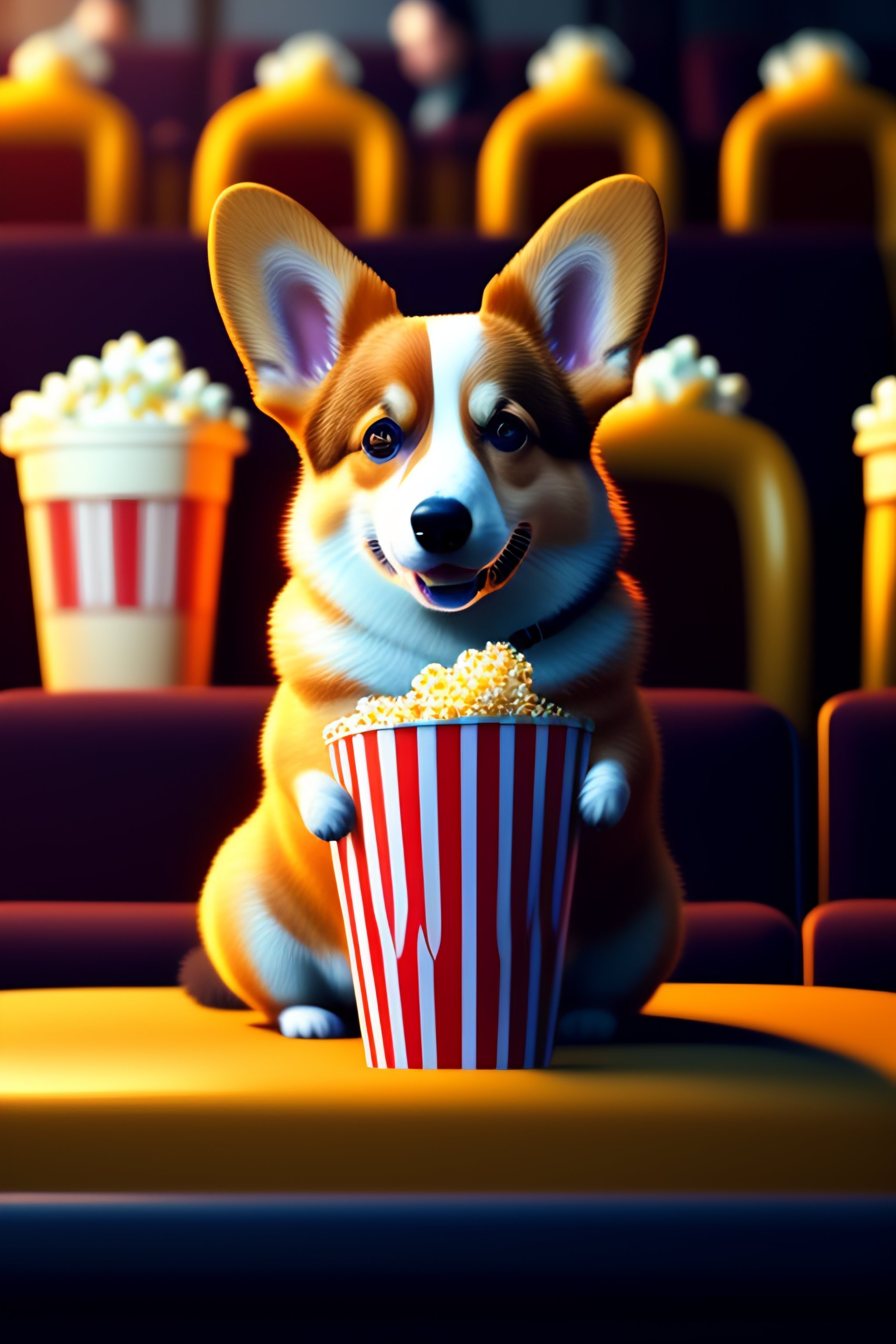 Lexica - Cute small humanoid corgi sitting in a movie theater eating ...