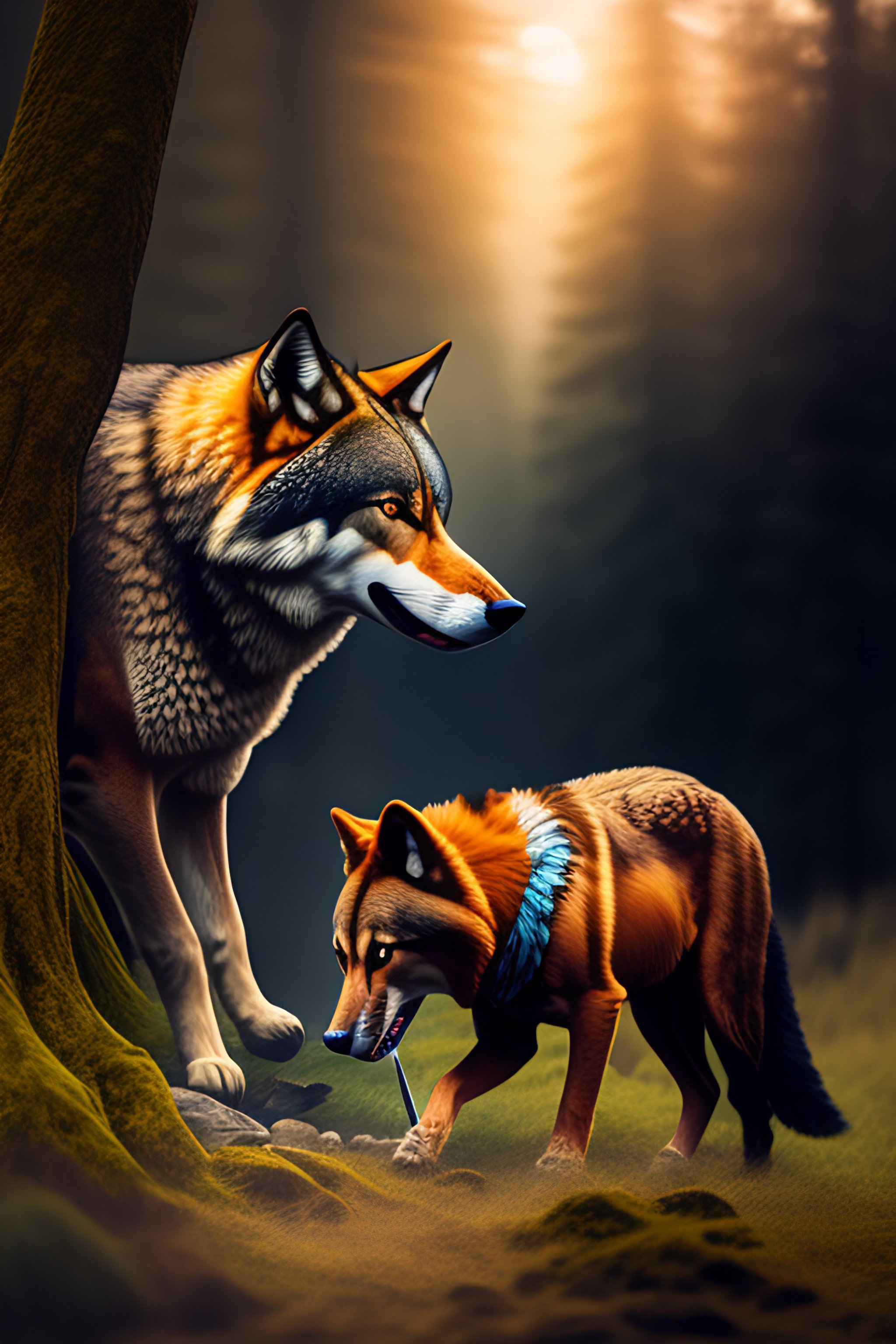 Lexica - A warrior fighting a wolf with a spear, primitive times, 3d, trees