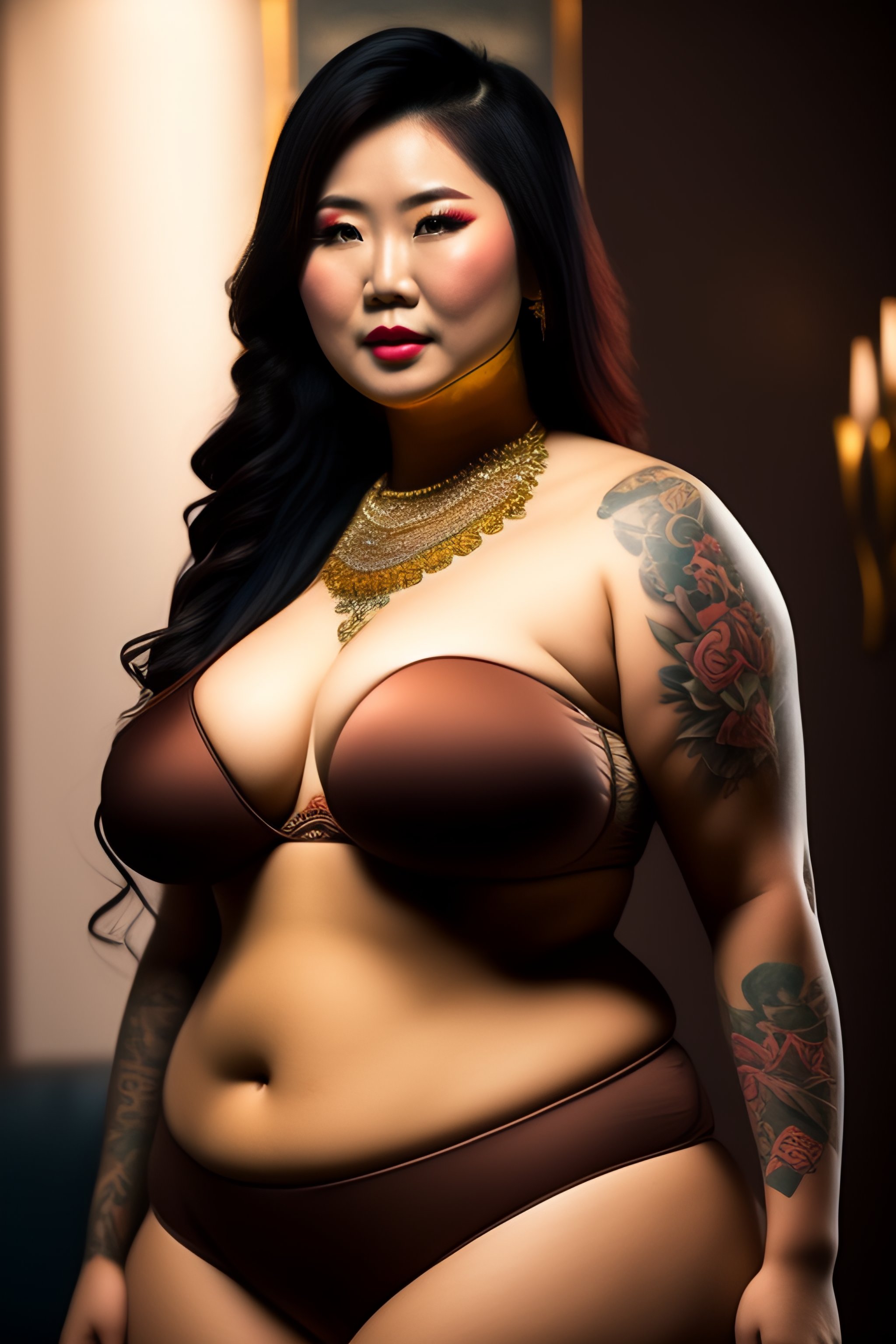 Lexica - Thick Beautiful asian woman with queen of spade tattoo on belly, Wide hips, mommy