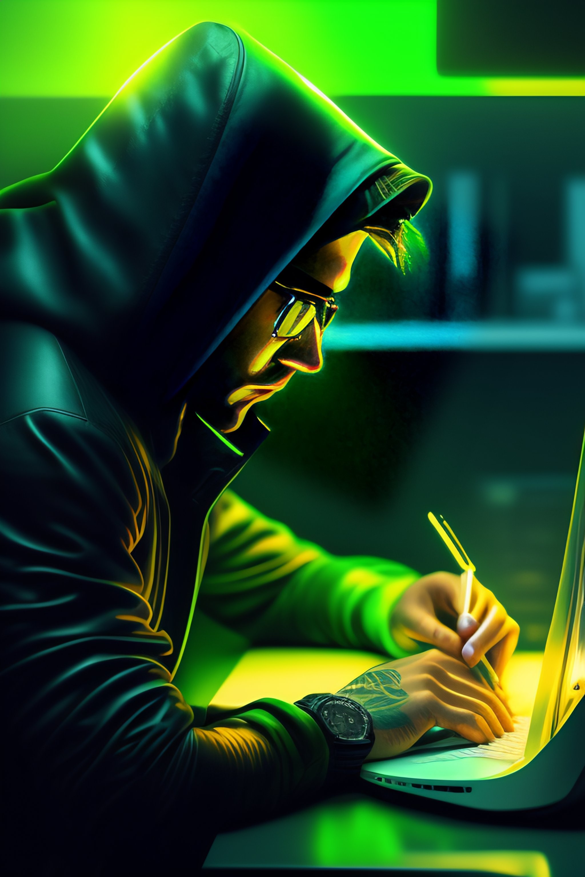 Lexica - A hacker sitting at his computer with green glare by raymond ...