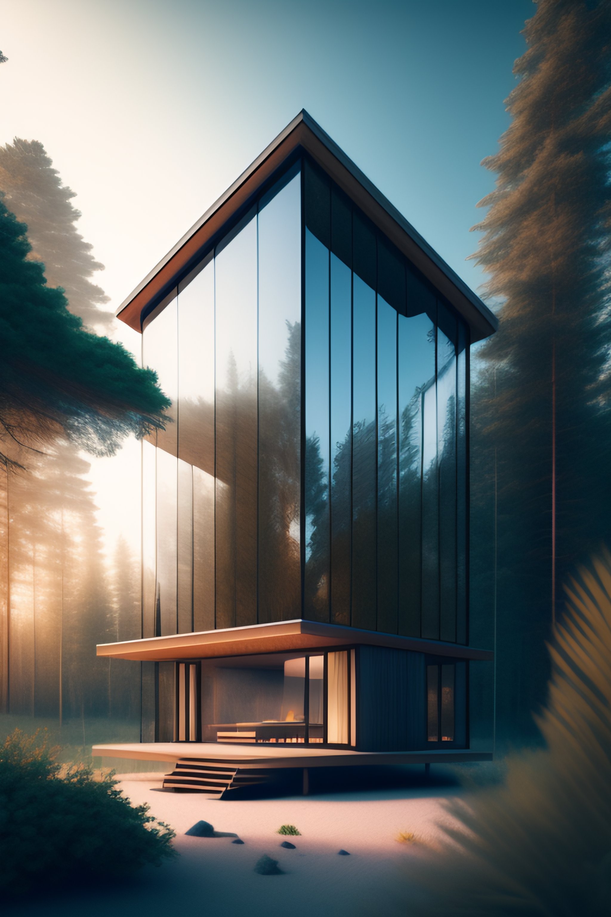 Lexica - A modern house made of glass on a beach near a beautiful fantasy forest, digital art ...