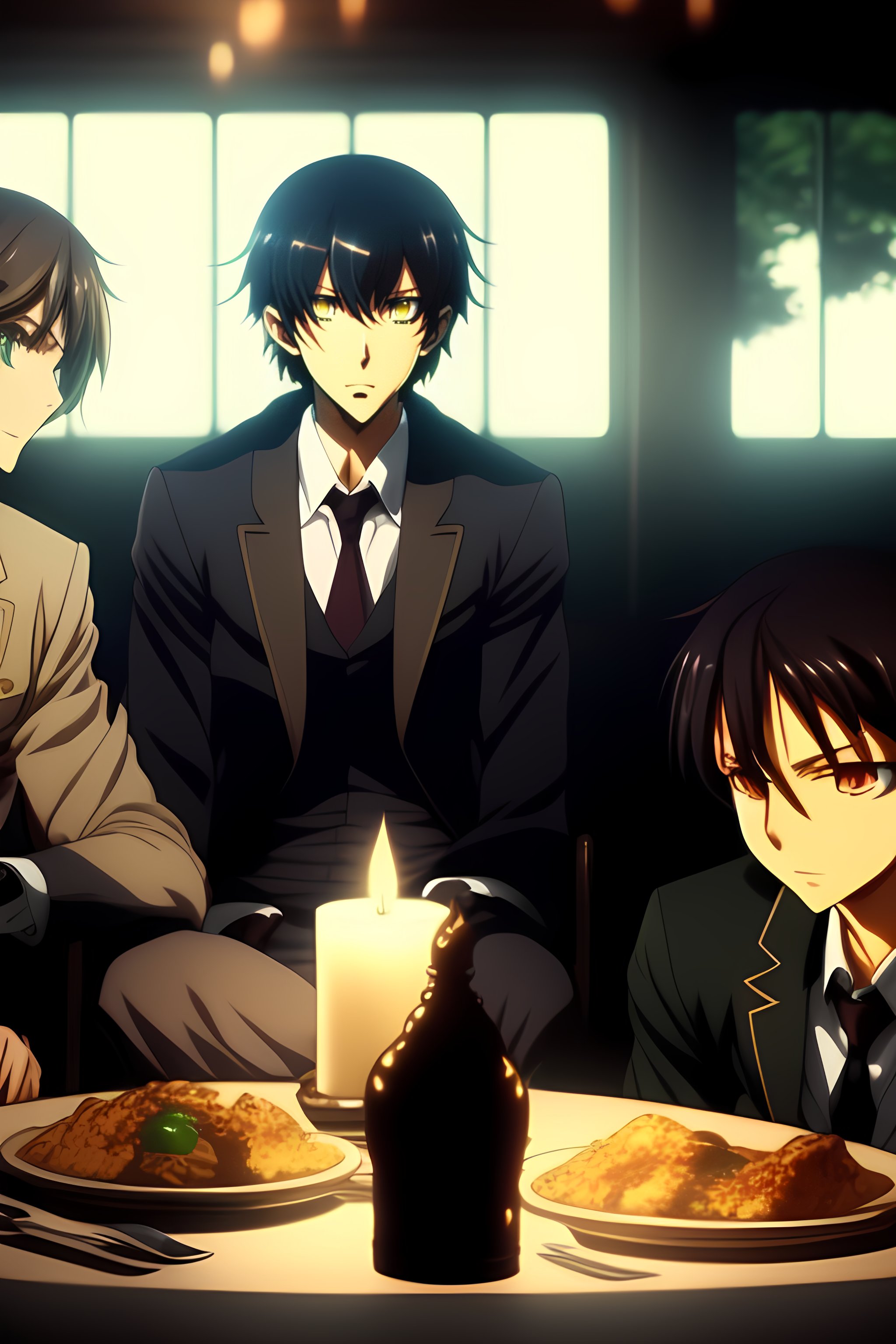 Lexica - Yagami light and lelouch and eren yeager sitting on table ...