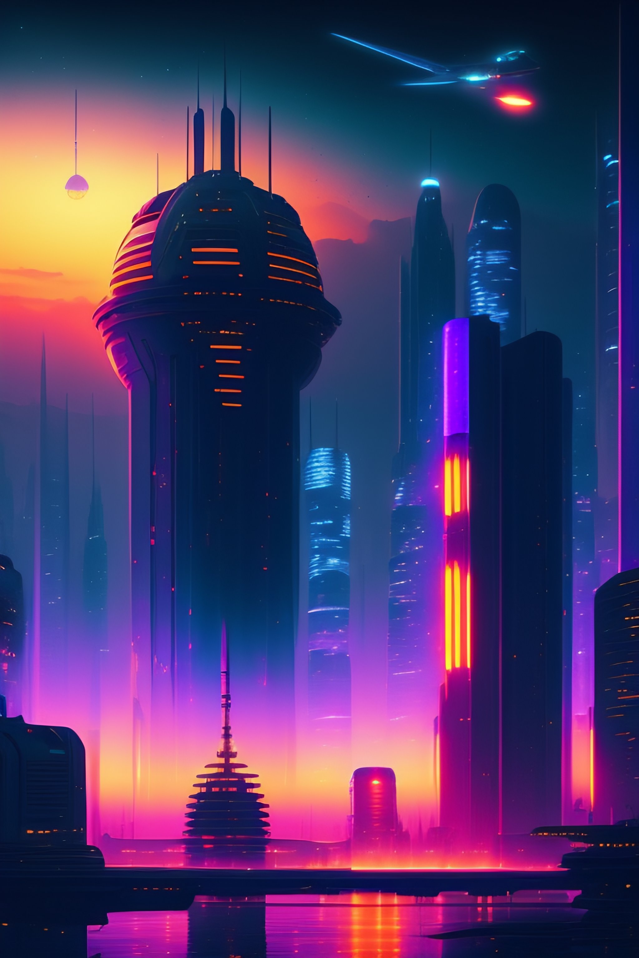 Lexica - Cyberpunk city with spacecraft flying in the night sky