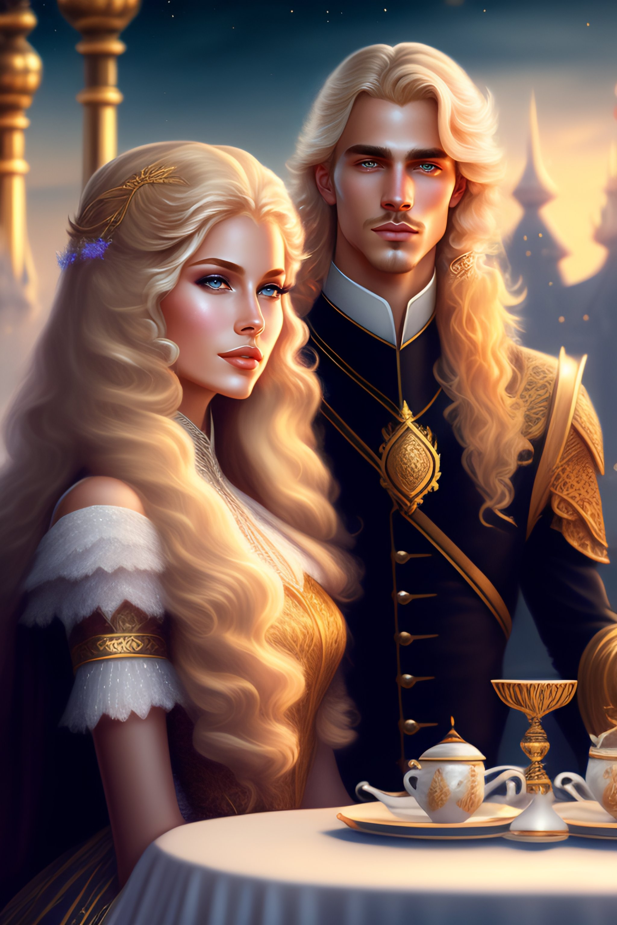 Lexica - Young prince, long blonde hair, royal, black outfit, night sky ...