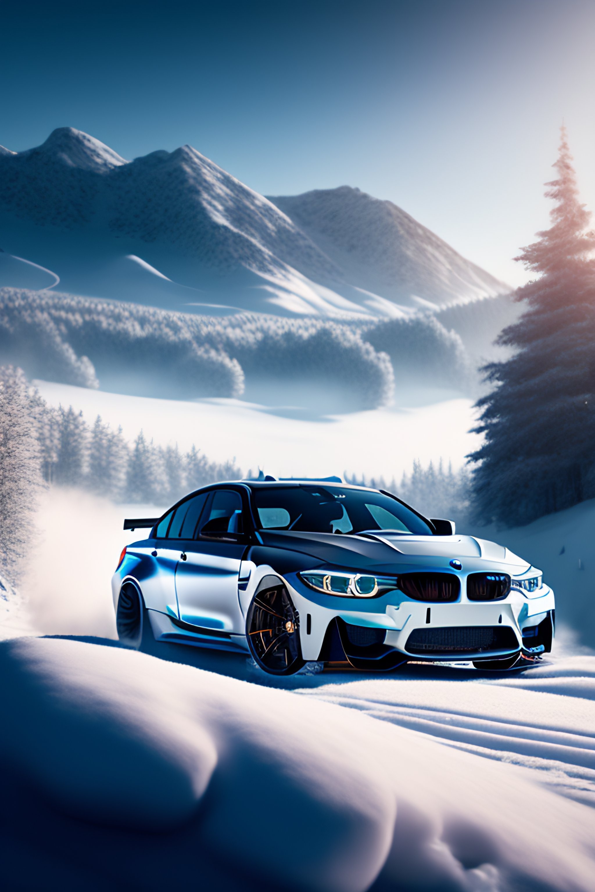 Lexica - A black bmw m3 car driftting on a snowy mountain trail ...