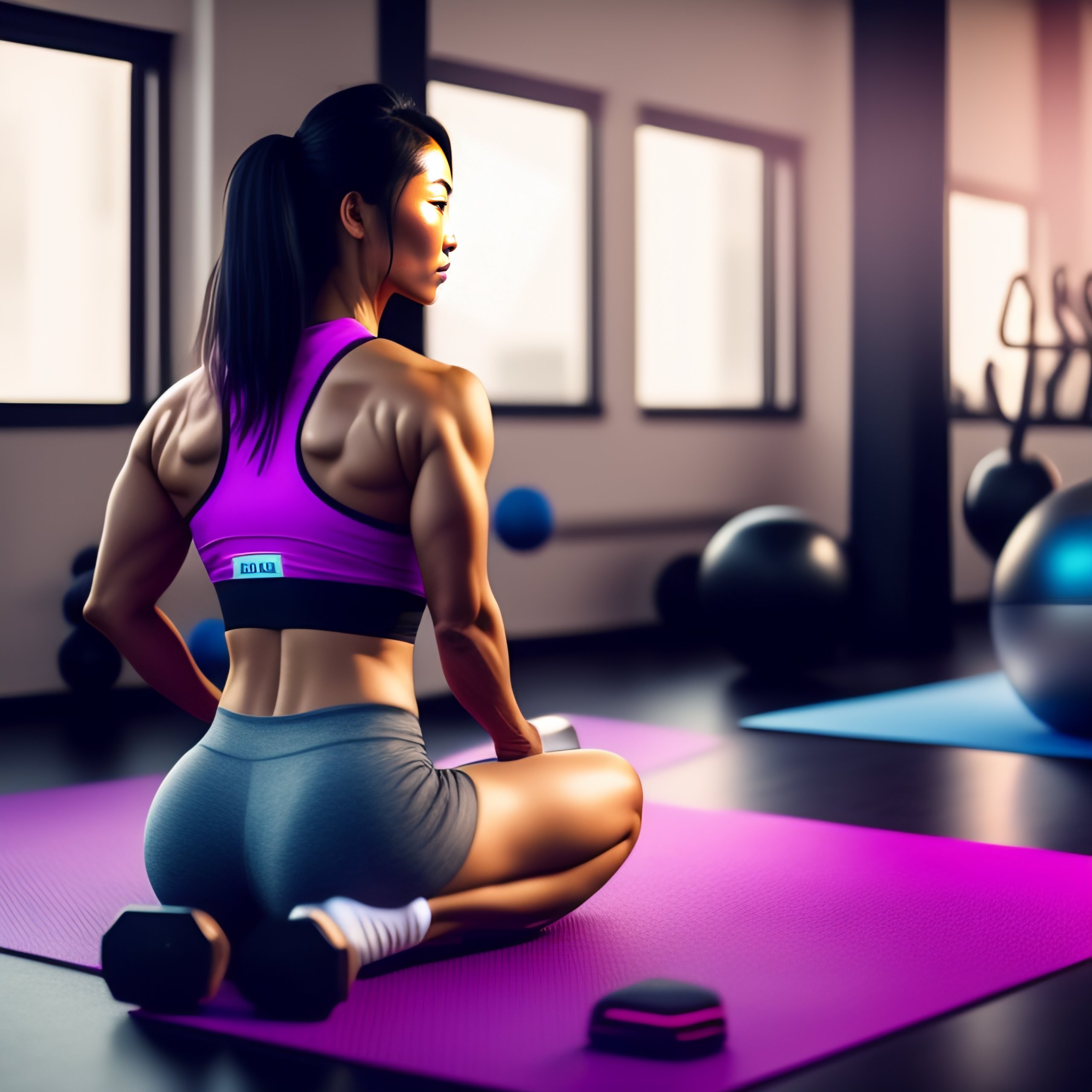 Lexica - Ultra realistic Asian fitness girl working out, yoga studio, camera from behind the girl
