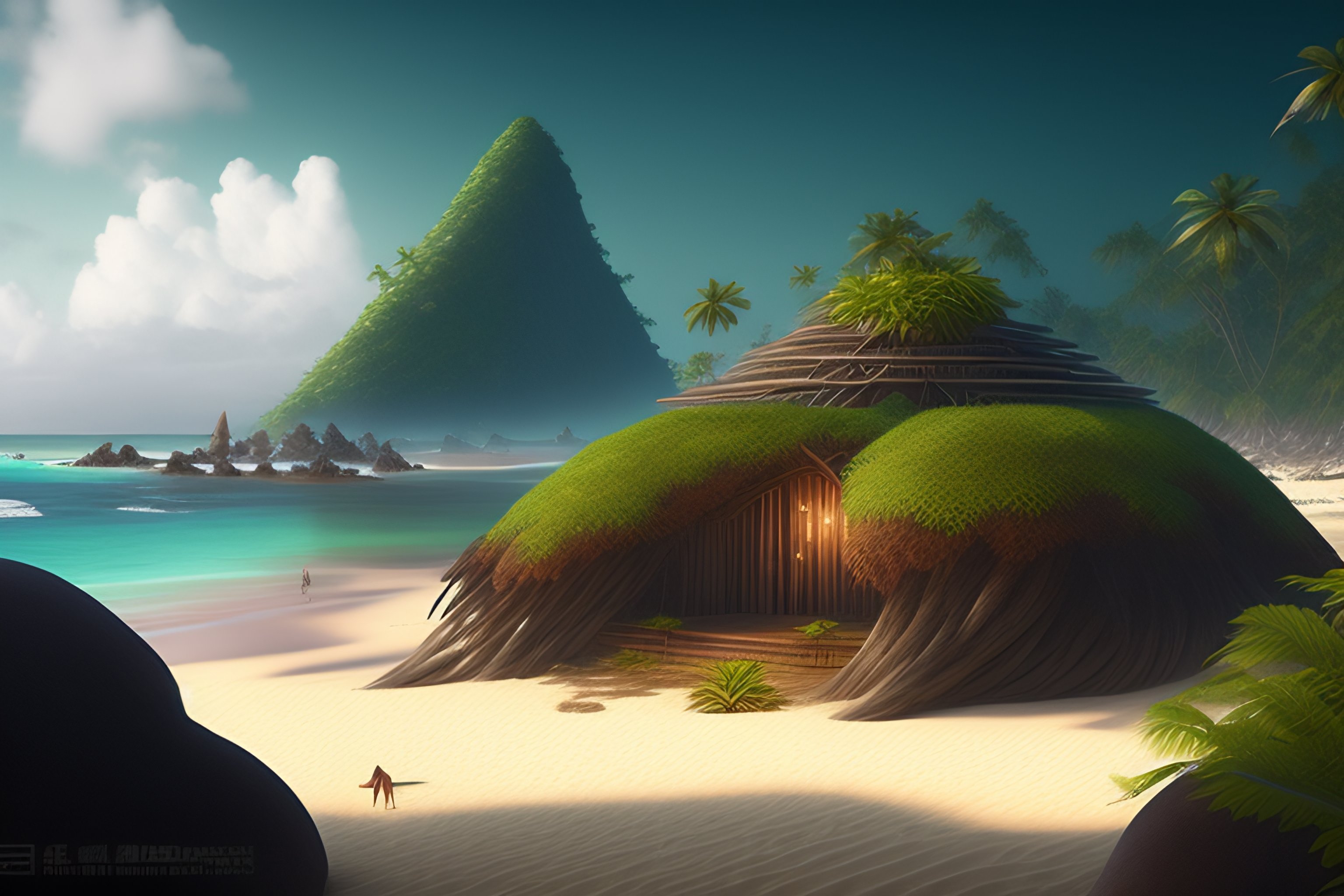 Lexica - Giant elven amerindian hut bamboo on tropical island beach ...