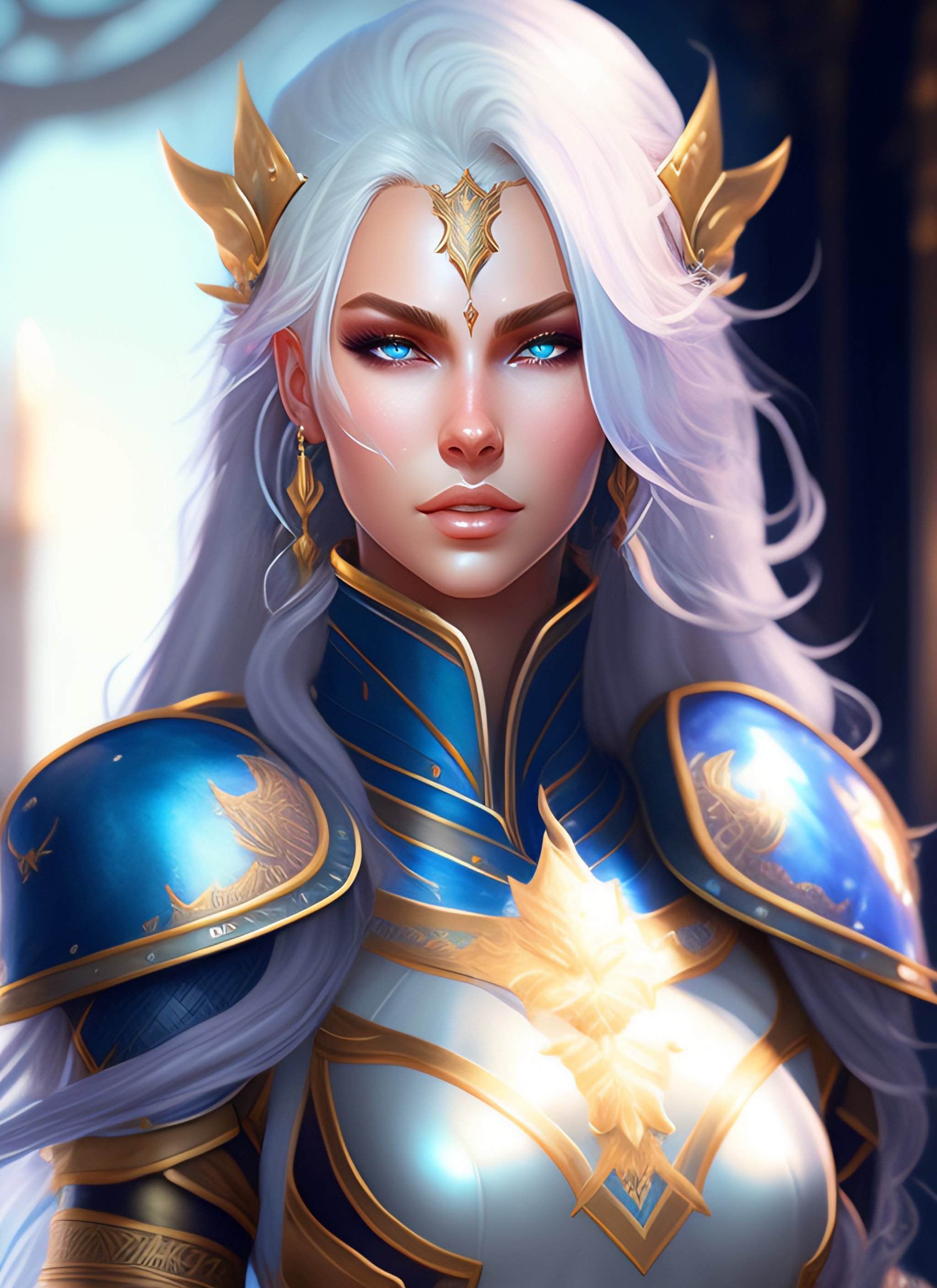 Lexica - Light azure armor!!! long wild white hair!! covered chest ...