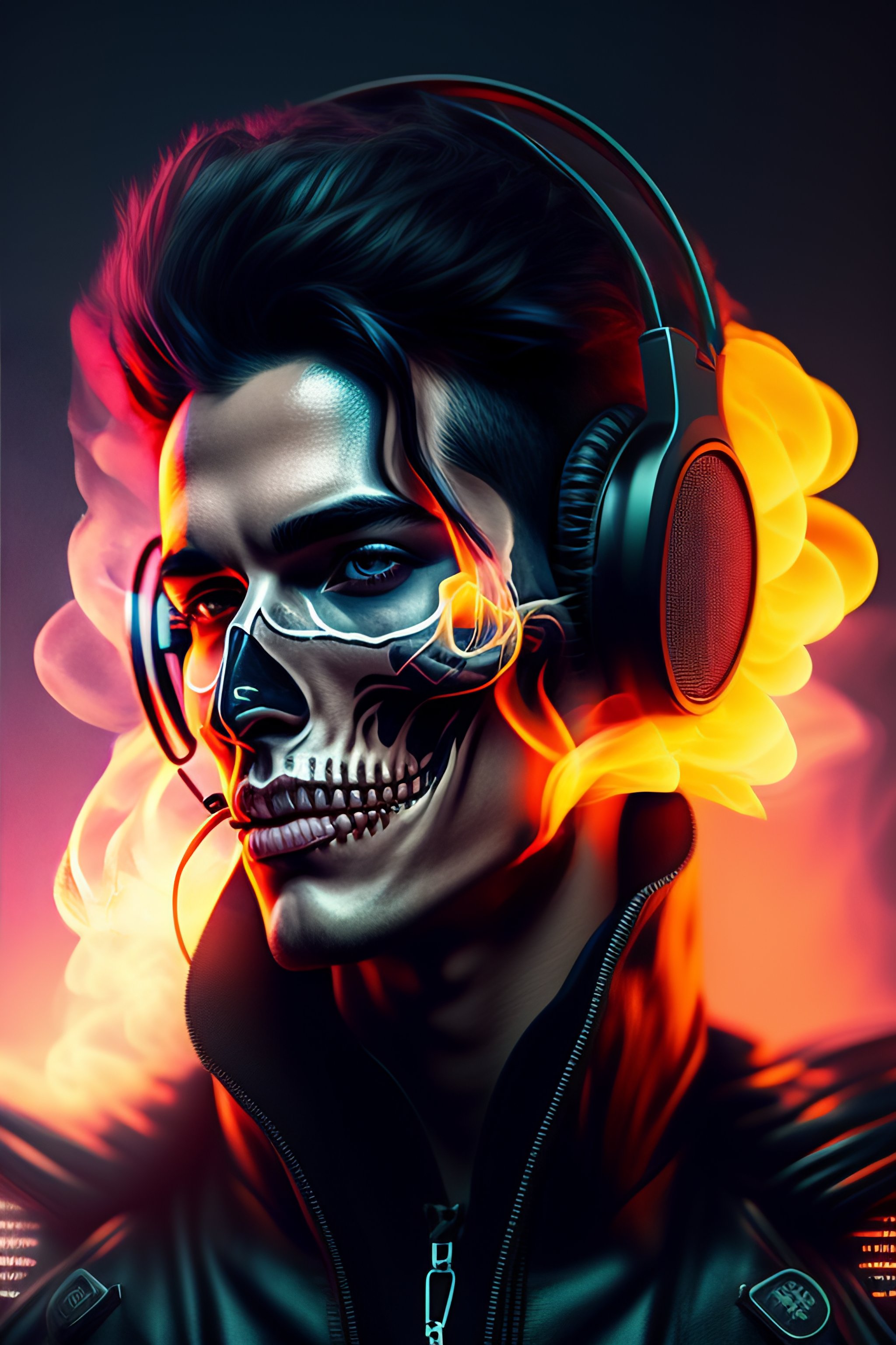 Lexica - Action shot portrait Neo punk skeleton with headphones, smoke ...