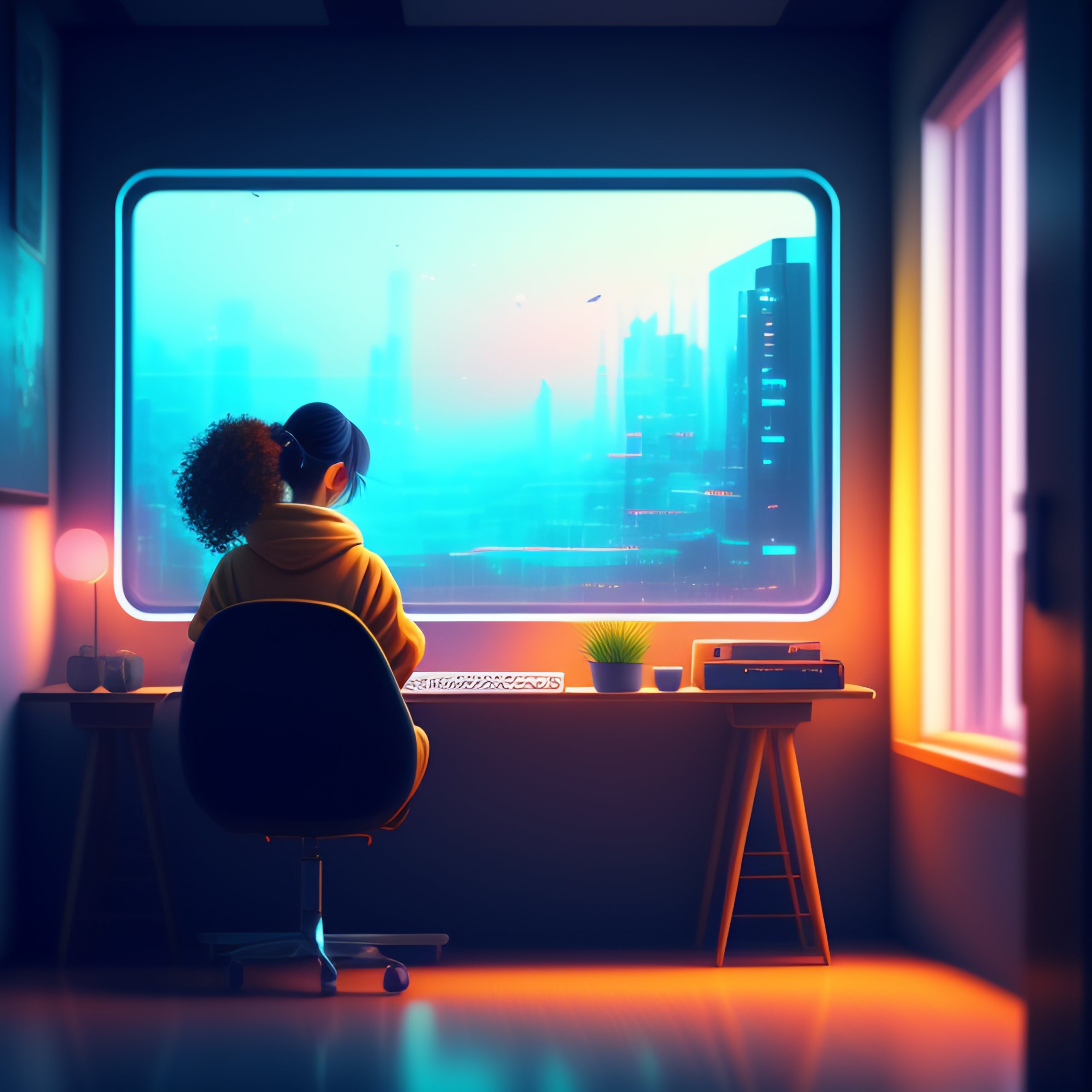 Lexica - A girl working on a computer in a small room with a big window ...