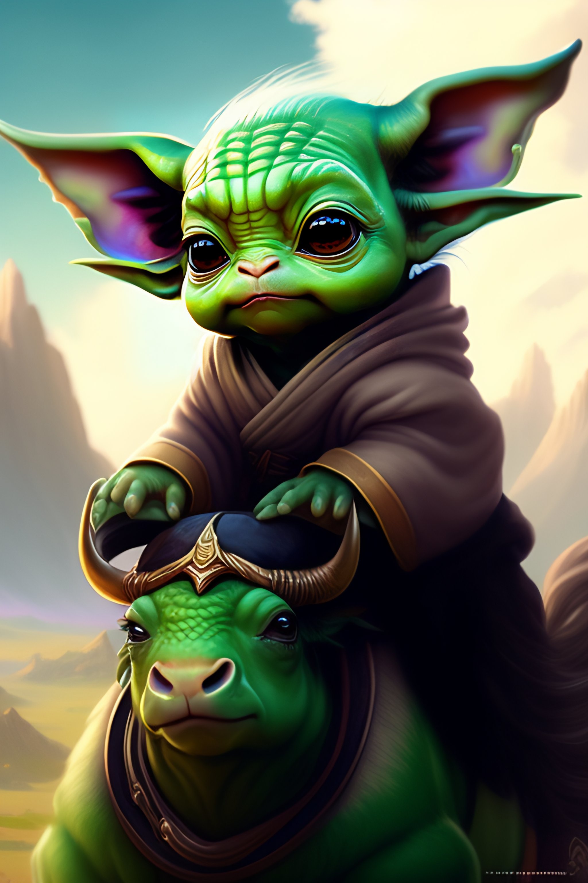 Lexica - Baby yoda looking confused riding on oppa the flying bison ...