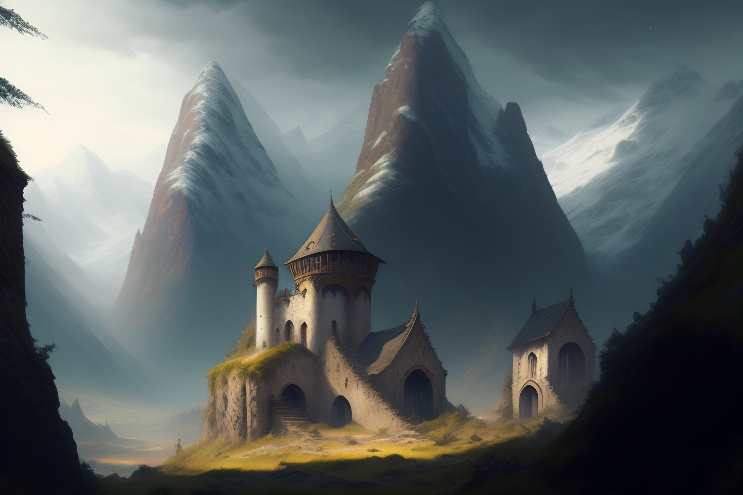 Lexica - Bleak medieval town at the bottom of a valley, mountains in ...