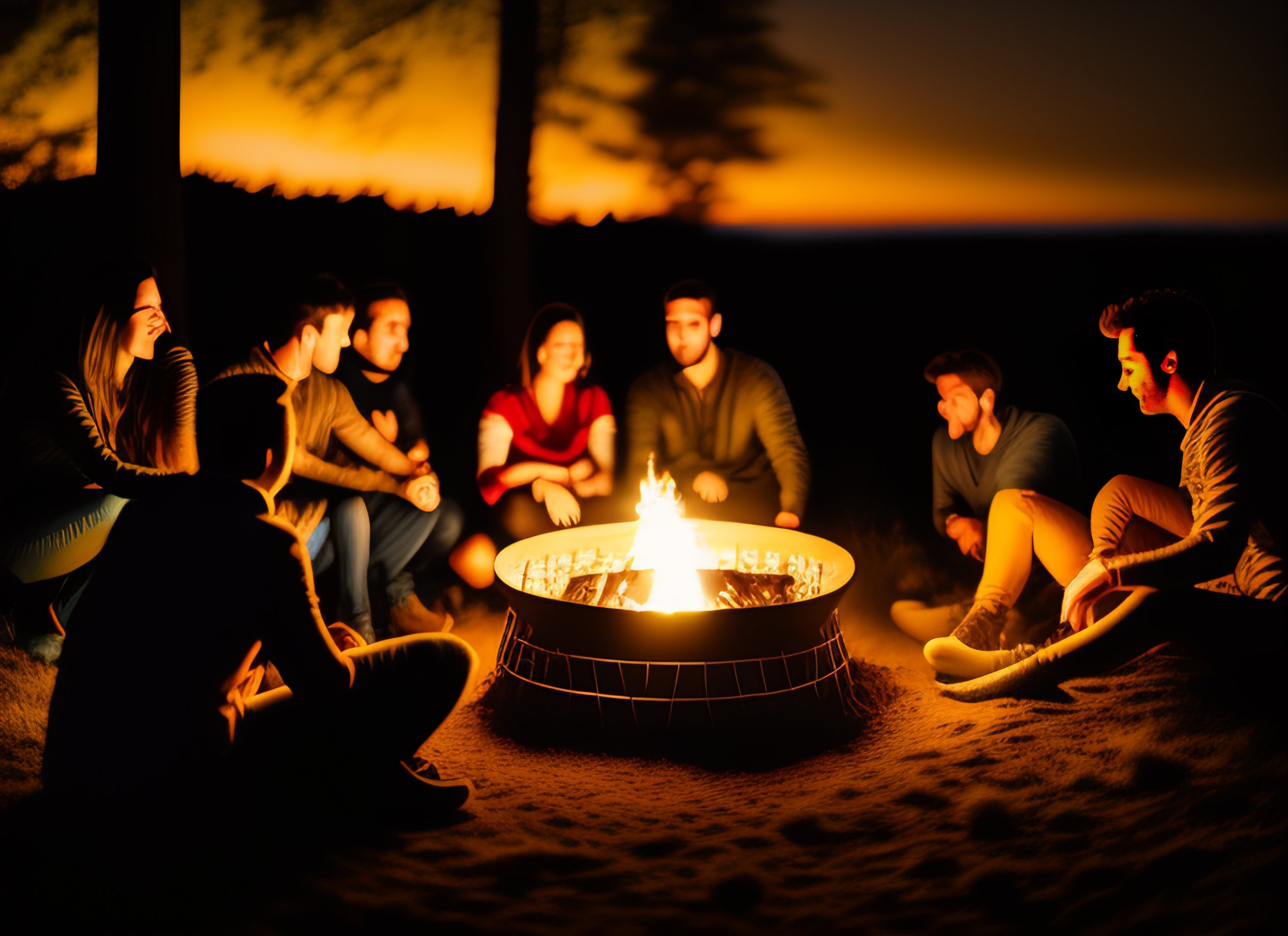 Lexica - This photograph shows a group of friends gathered around a campfire. The professional ...