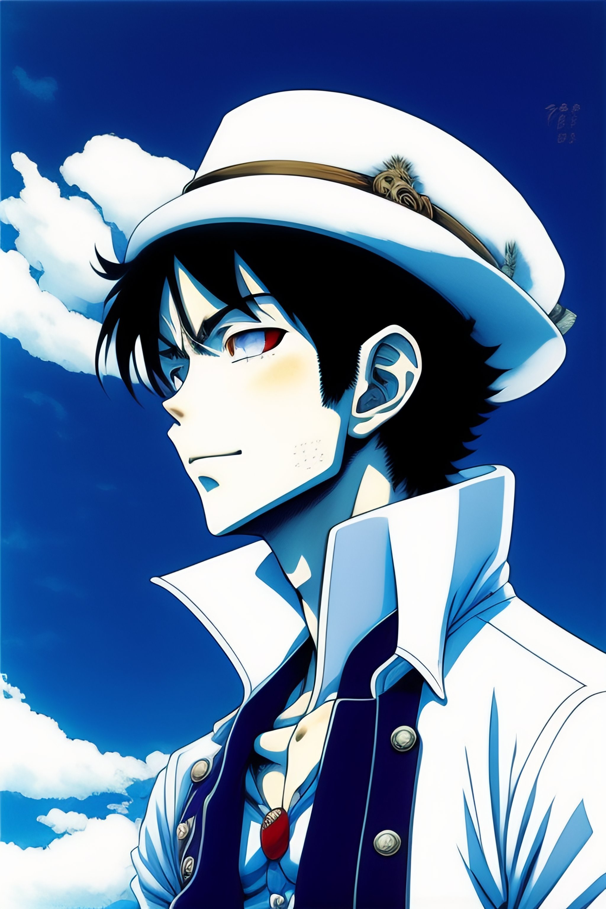 Lexica - Portrait de Monkey D Luffy en costard bleu et blanc à la ...