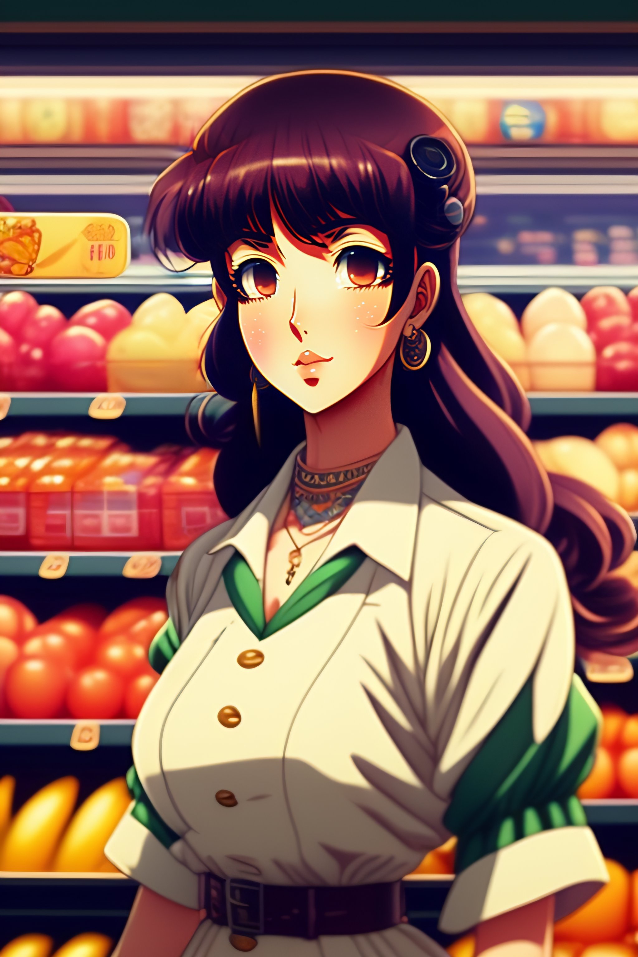 Lexica - In the style of 90's vintage. anime art of a female grocer ...