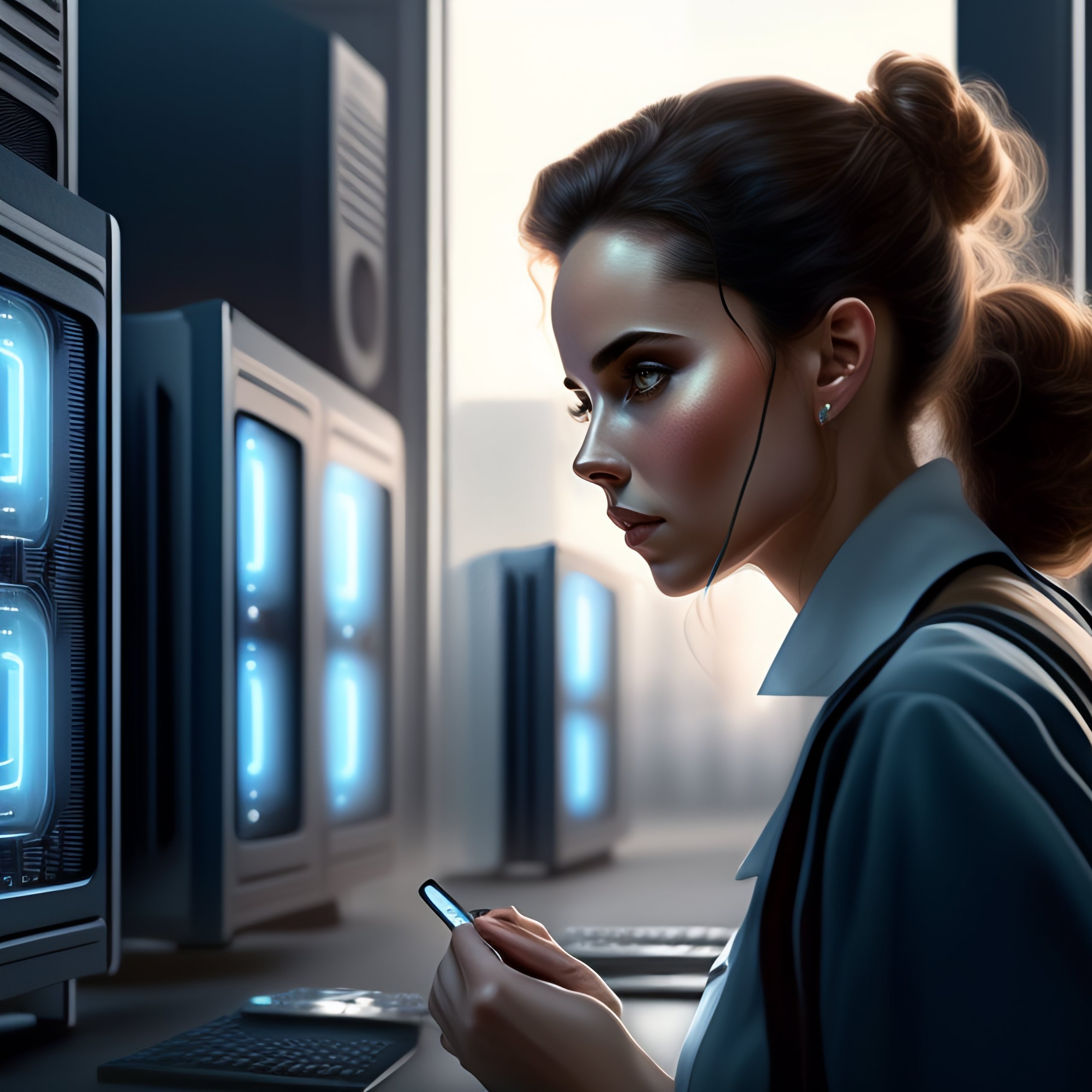 Lexica - Illustration an it guy who is plugging a girl through cables ...
