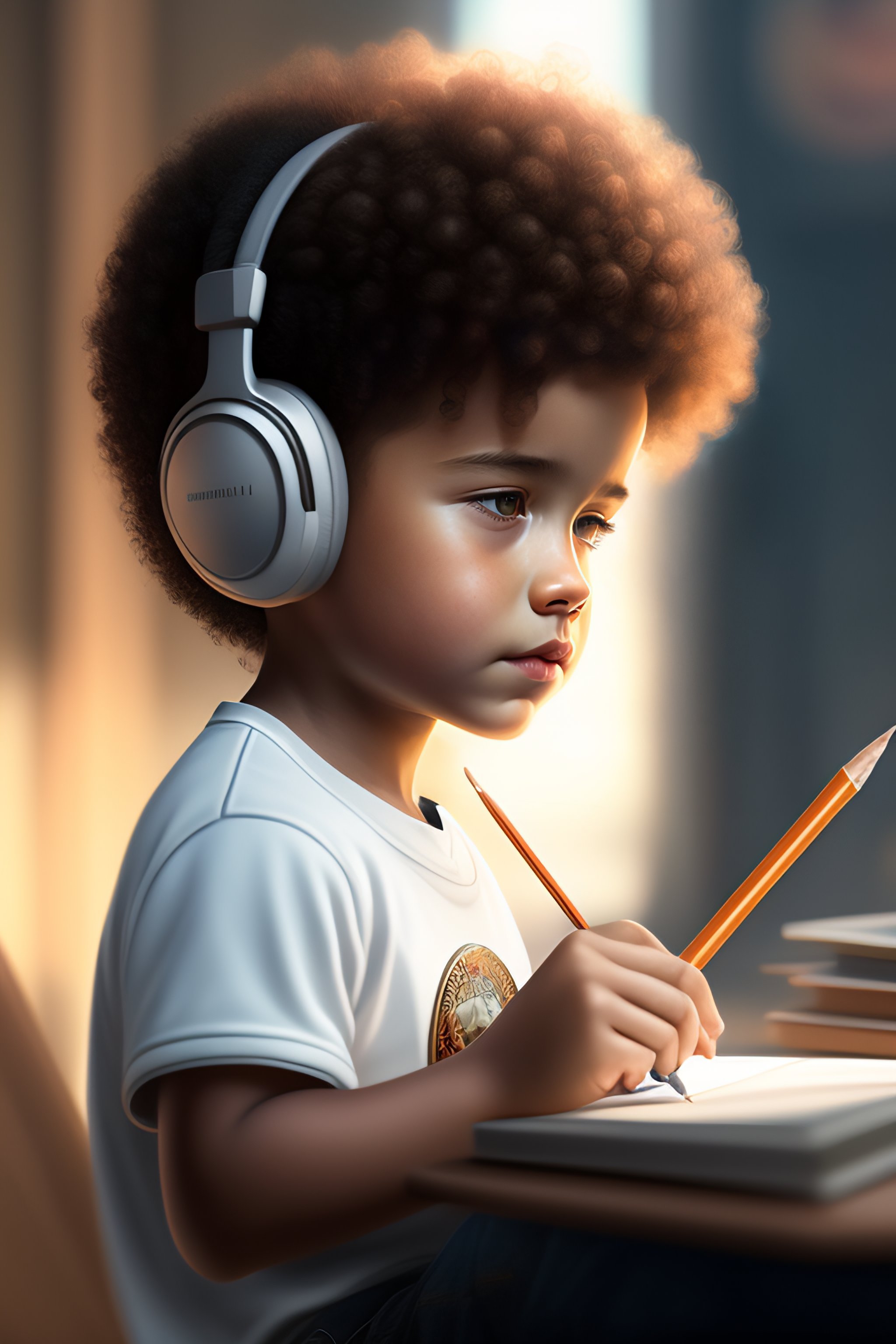 Lexica - A young kid writing on a notepad, white kid, curly hair ...