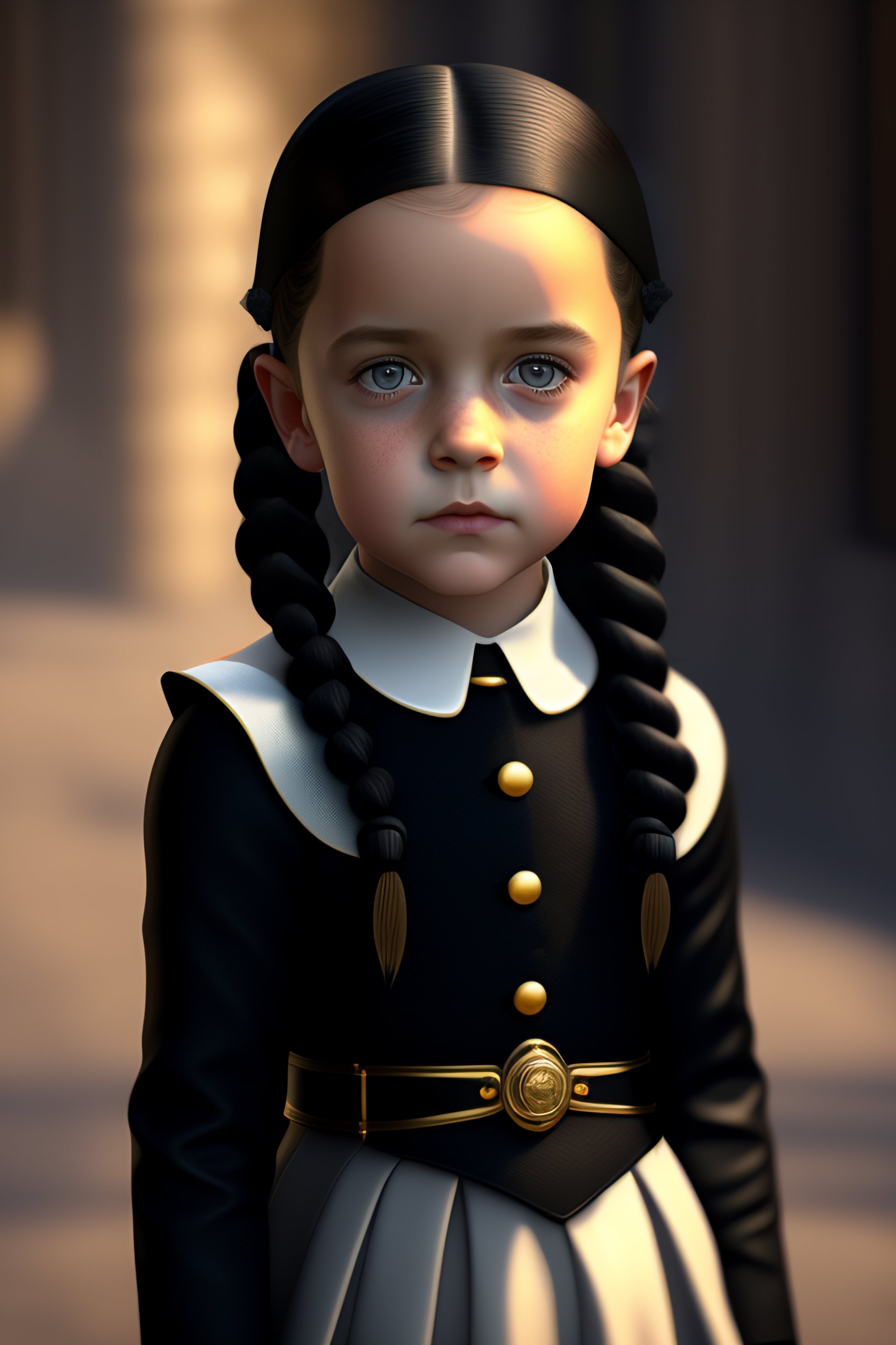 Lexica - Little kid Wednesday Addams sad expression wearing steampunk ...