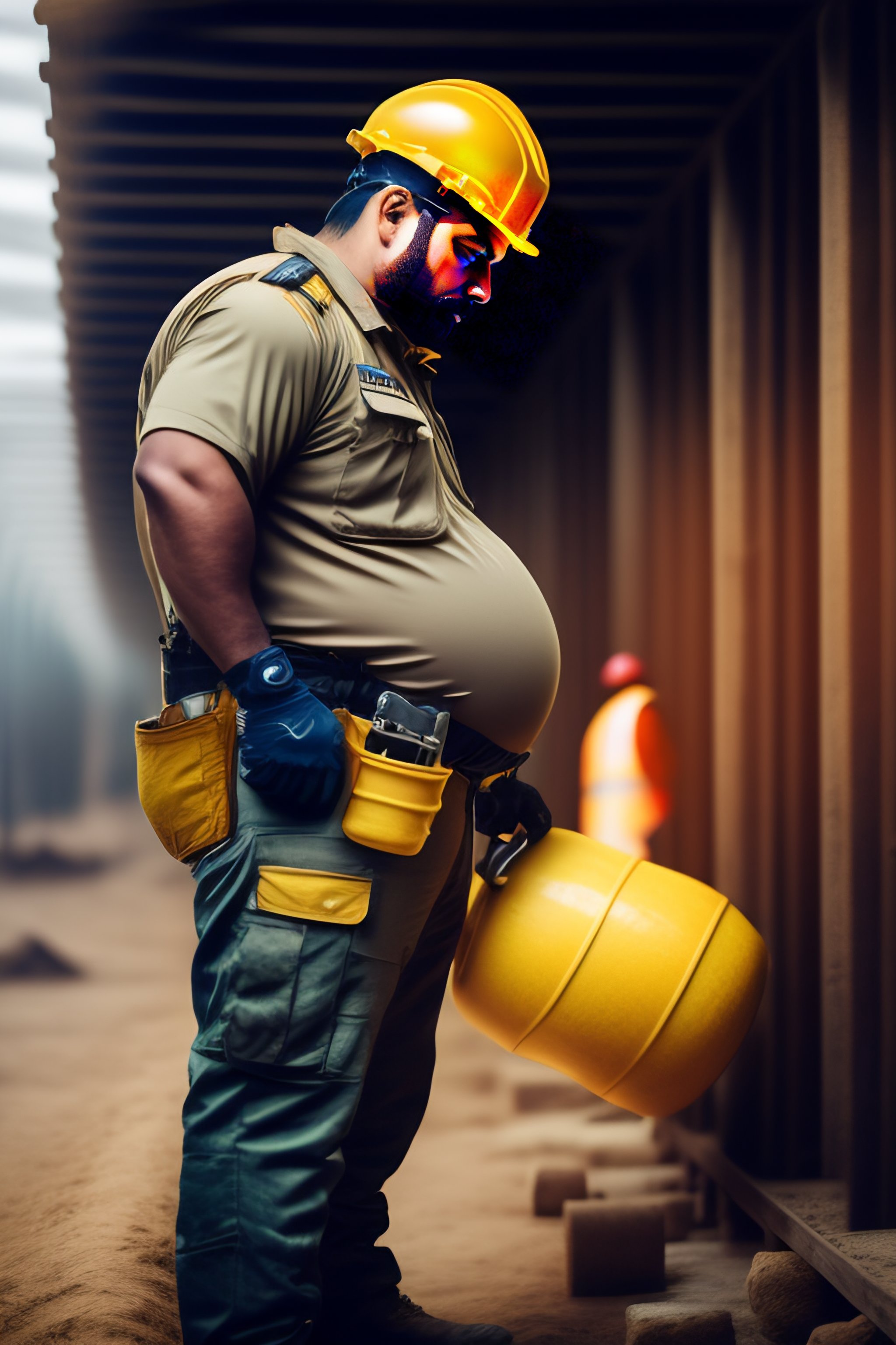 Lexica - A construction worker, with a large round belly, amateur photo