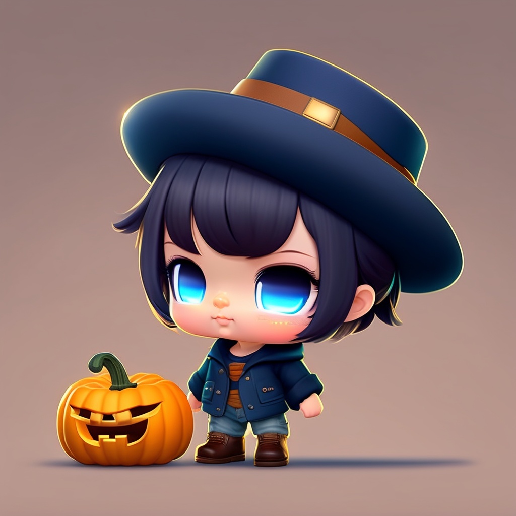 Lexica - A chibi man, cute, wearing a navy blue shirt, pumpkin hat ...