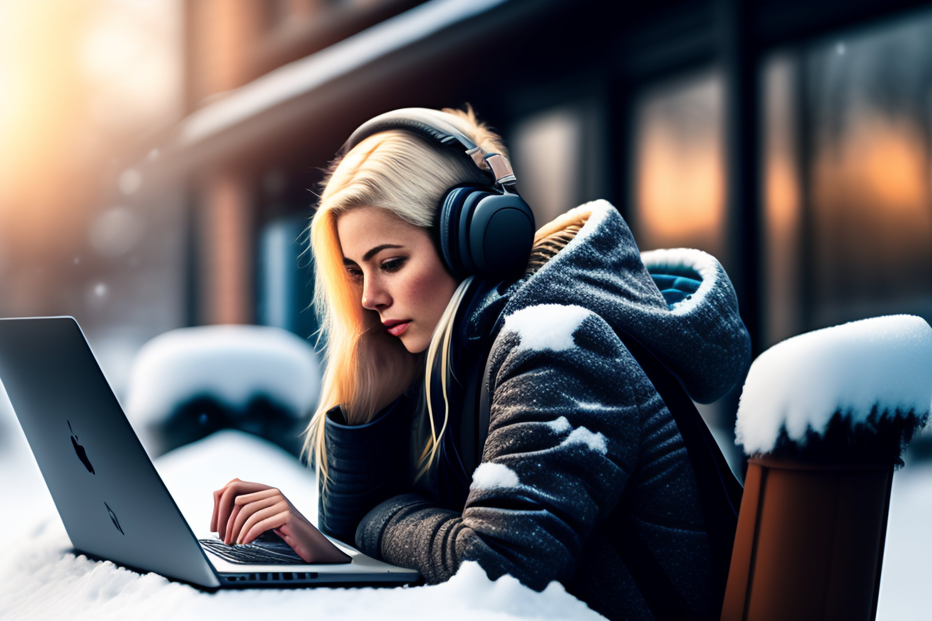 Lexica - Hipster, backback, outside in snow. blond, on macbook ...