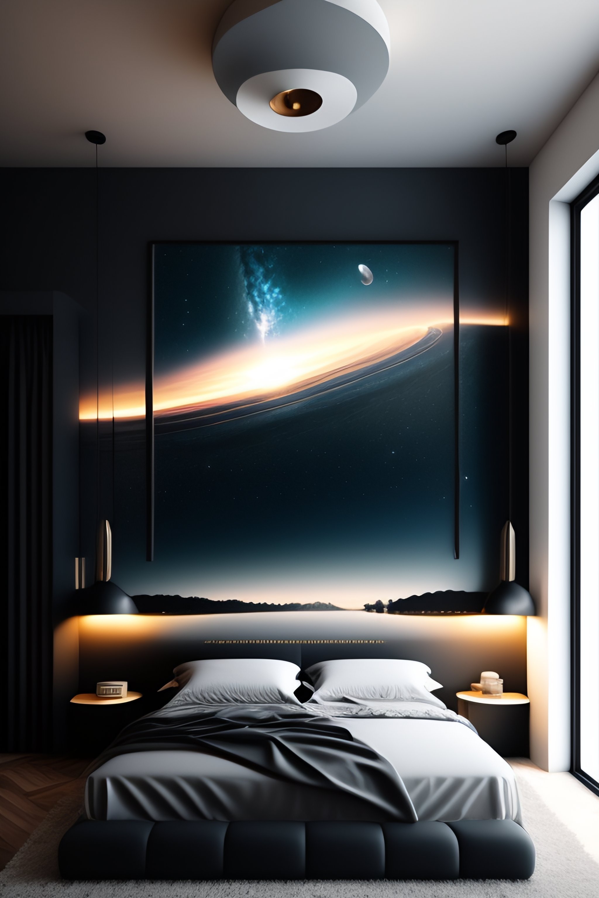 Lexica - Minimalistic bedroom, walls reflecting outer space, moody ...