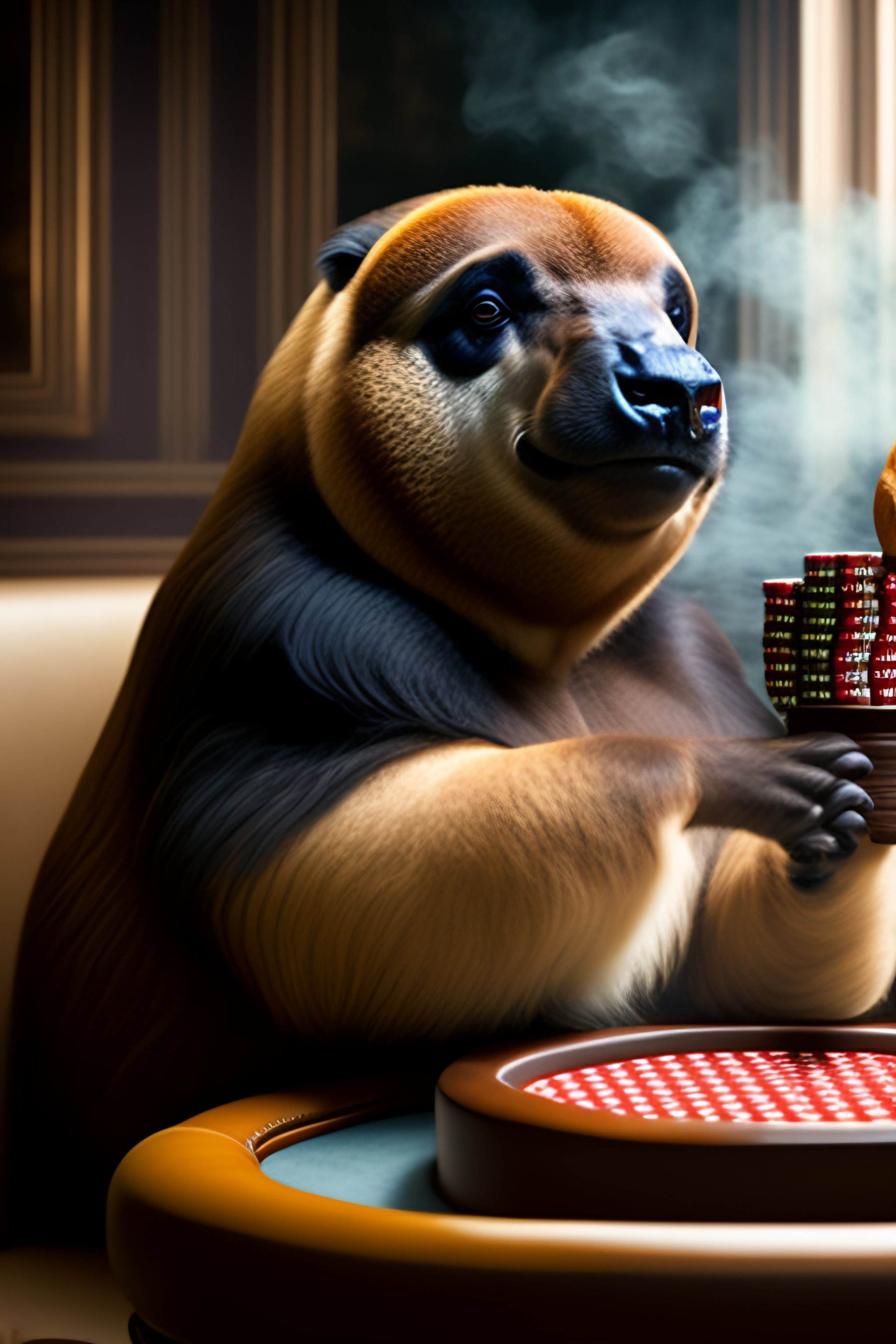 Lexica - Buffalo playing poker against a cigar smoking sloth