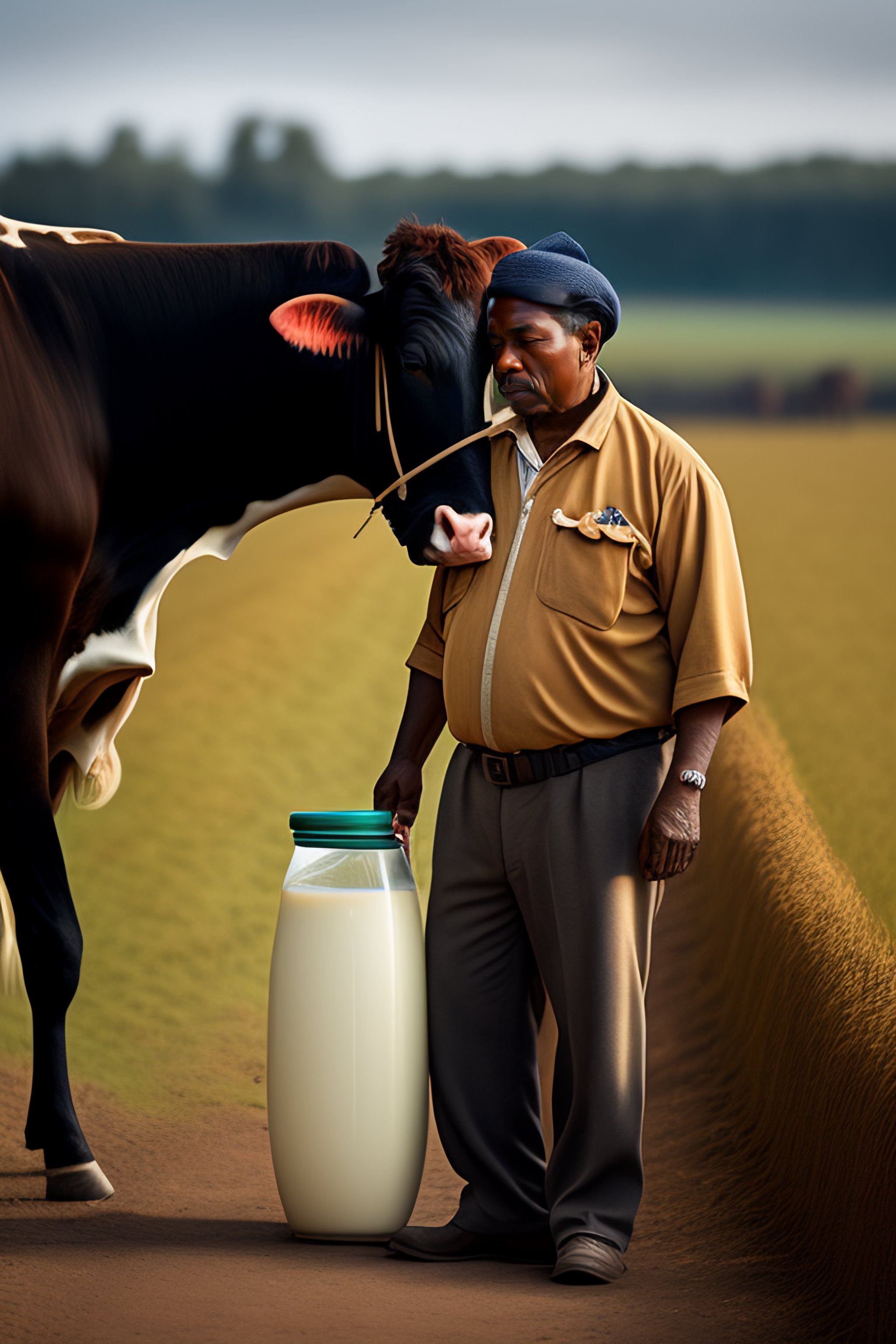 Lexica - Portrait of a man taking Milk from a cow