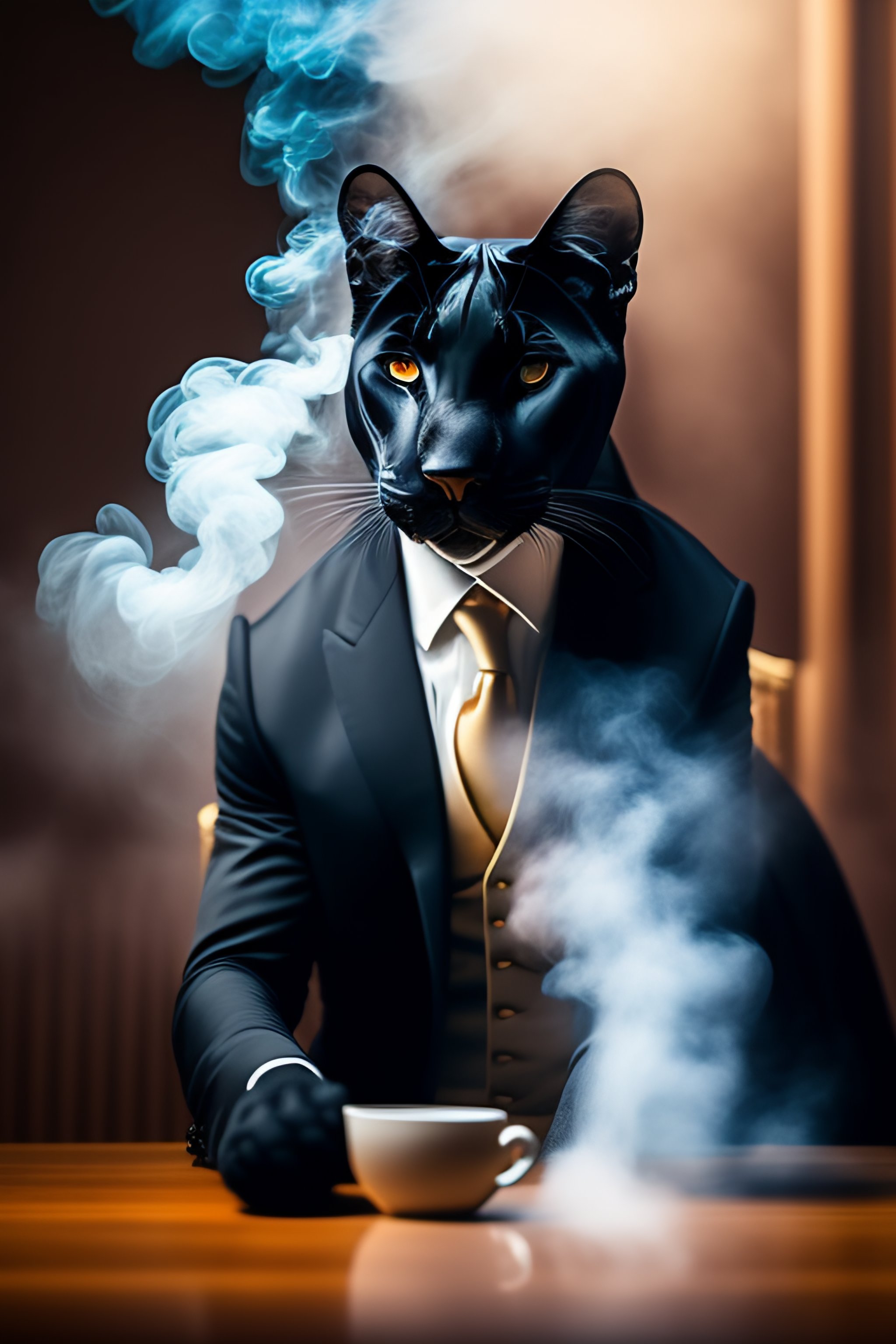 Lexica - Elegant panther, black suit, smoking a very smoky cigarette ...