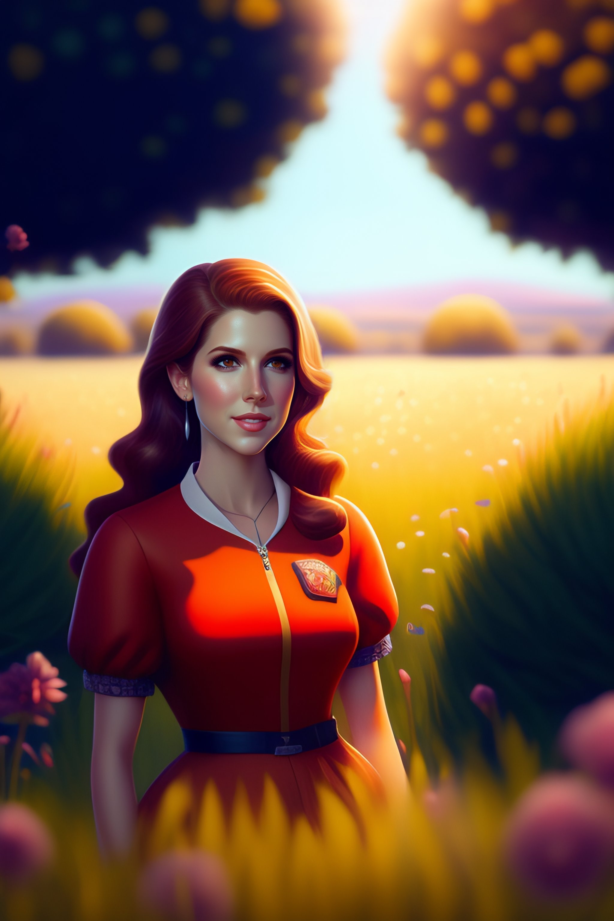 Lexica - View of gorgeous meadow with happy anna kendrick in red ...