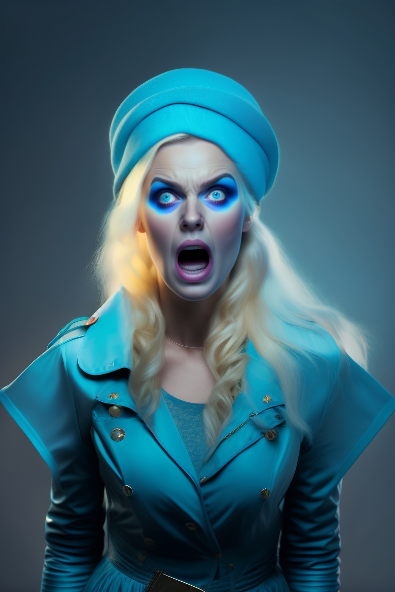 Lexica - Zombie blonde woman, very scared, blue clothes, hands on her ...