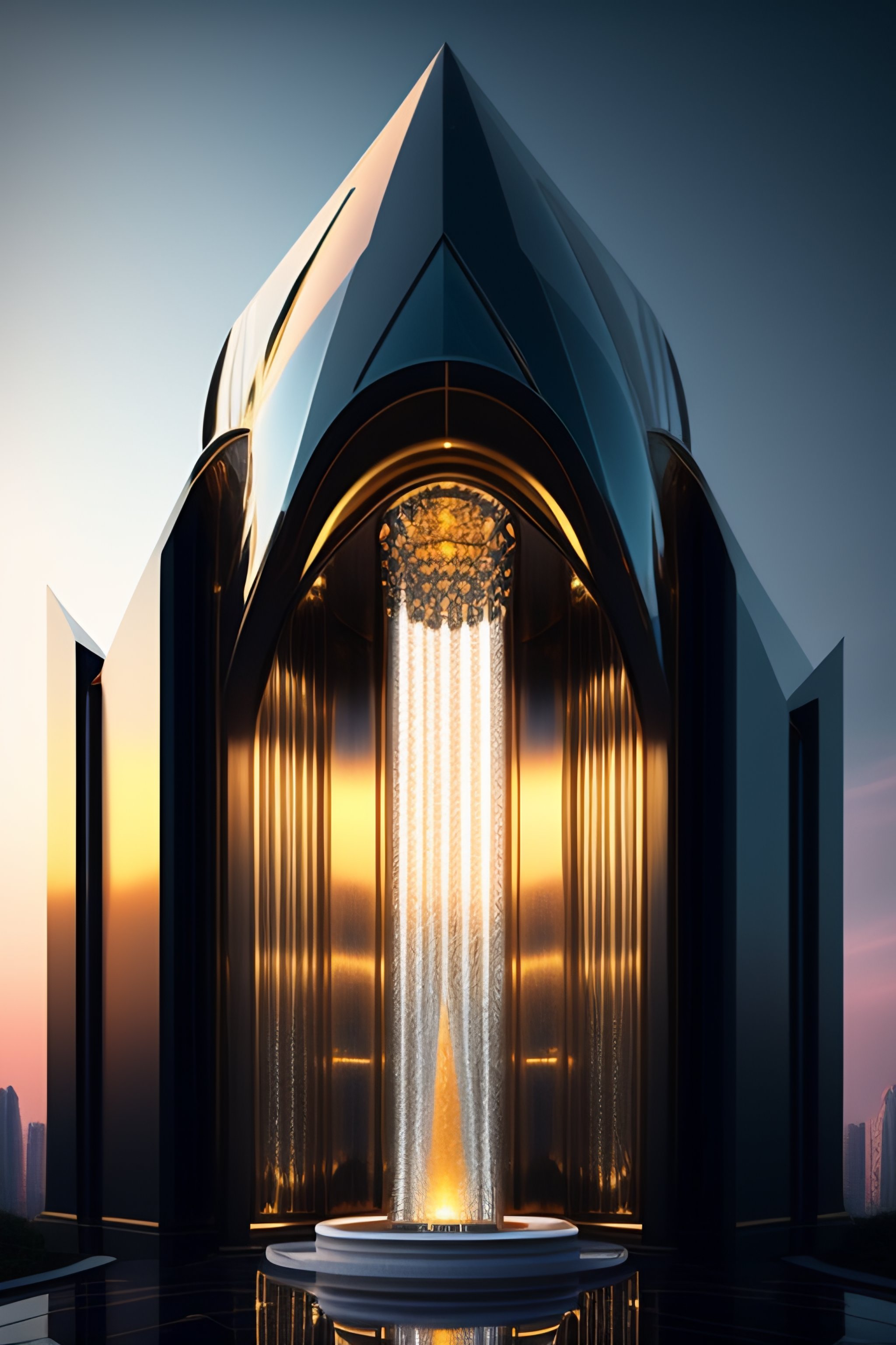 Lexica - Grand entrance of futuristic hotel skyscraper with crystal ...