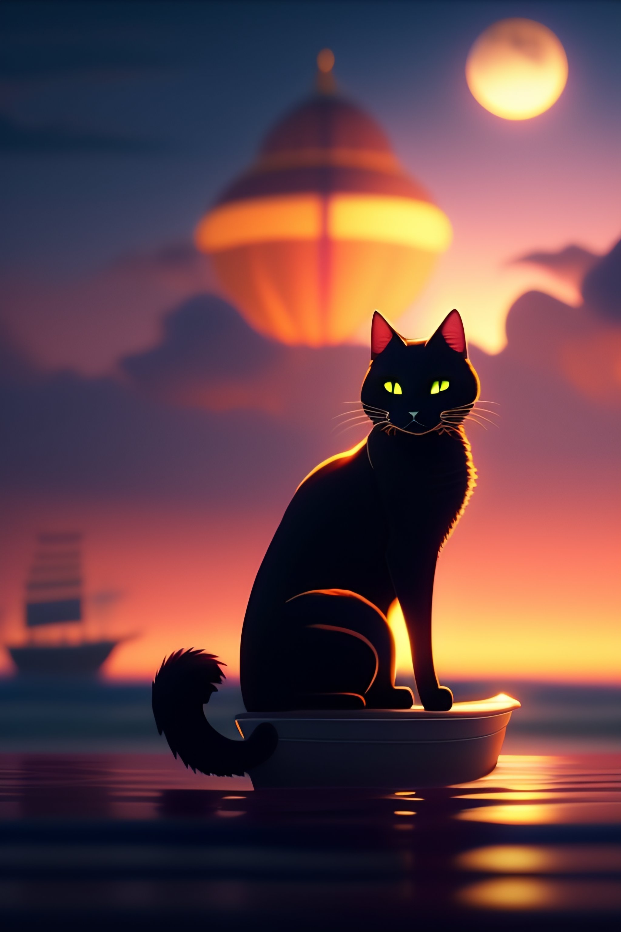 Lexica - A wholesome animation creative key shot of a black cat sailing ...