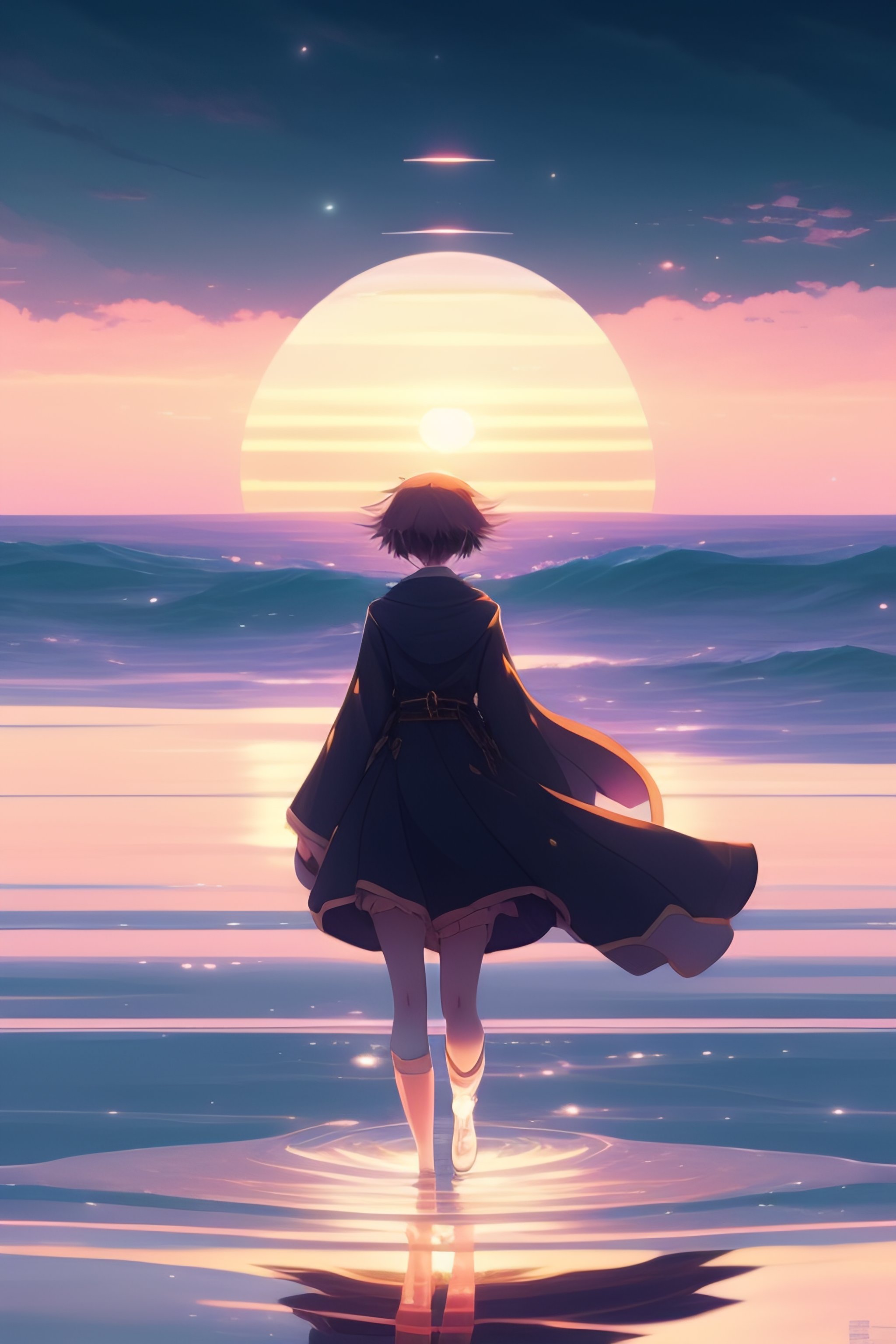 Lexica - Anime girl walking on water, ripples, backdrop of dawn, saturn ...