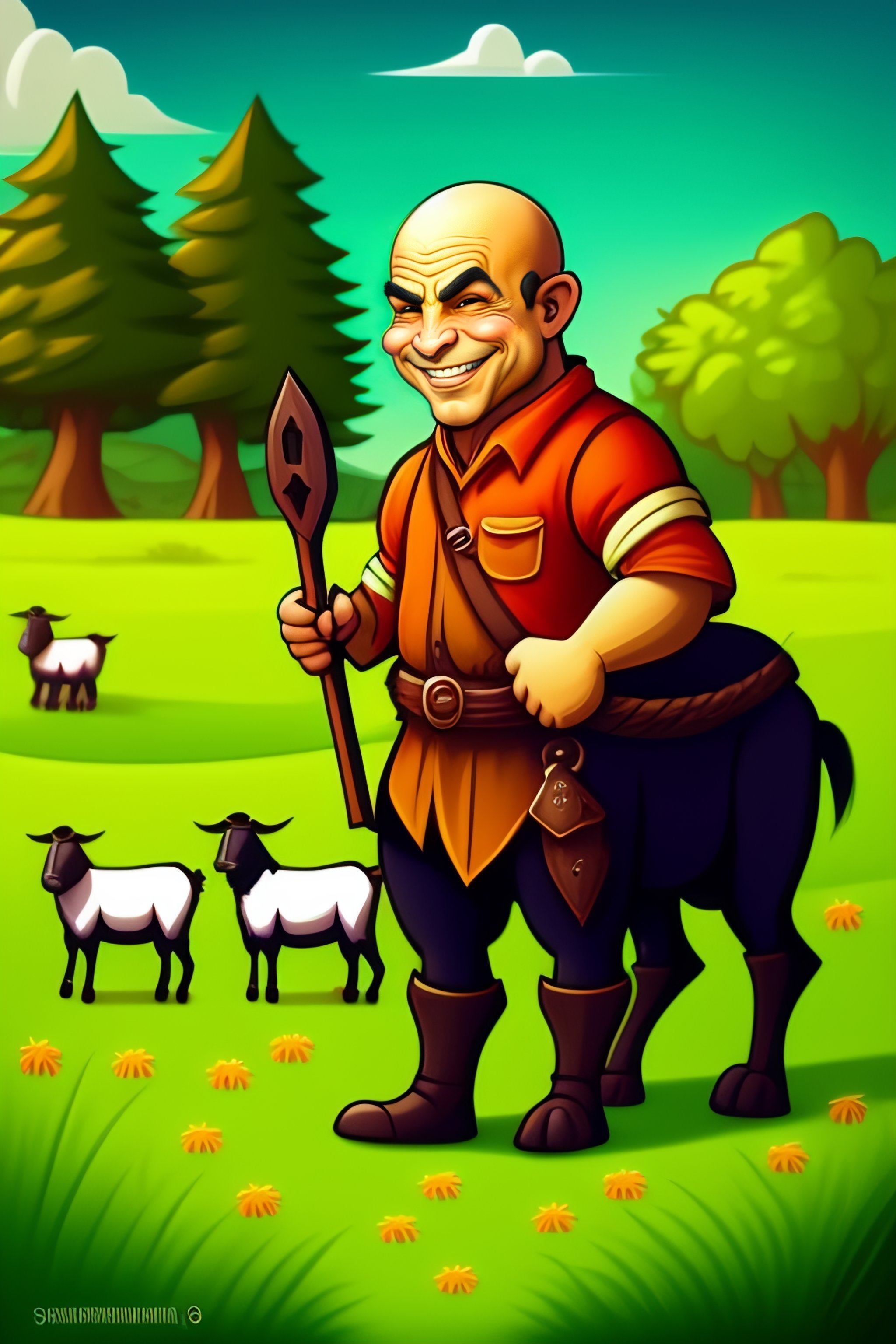 Lexica - A bald happy orc holding a whip while herding goats, green ...