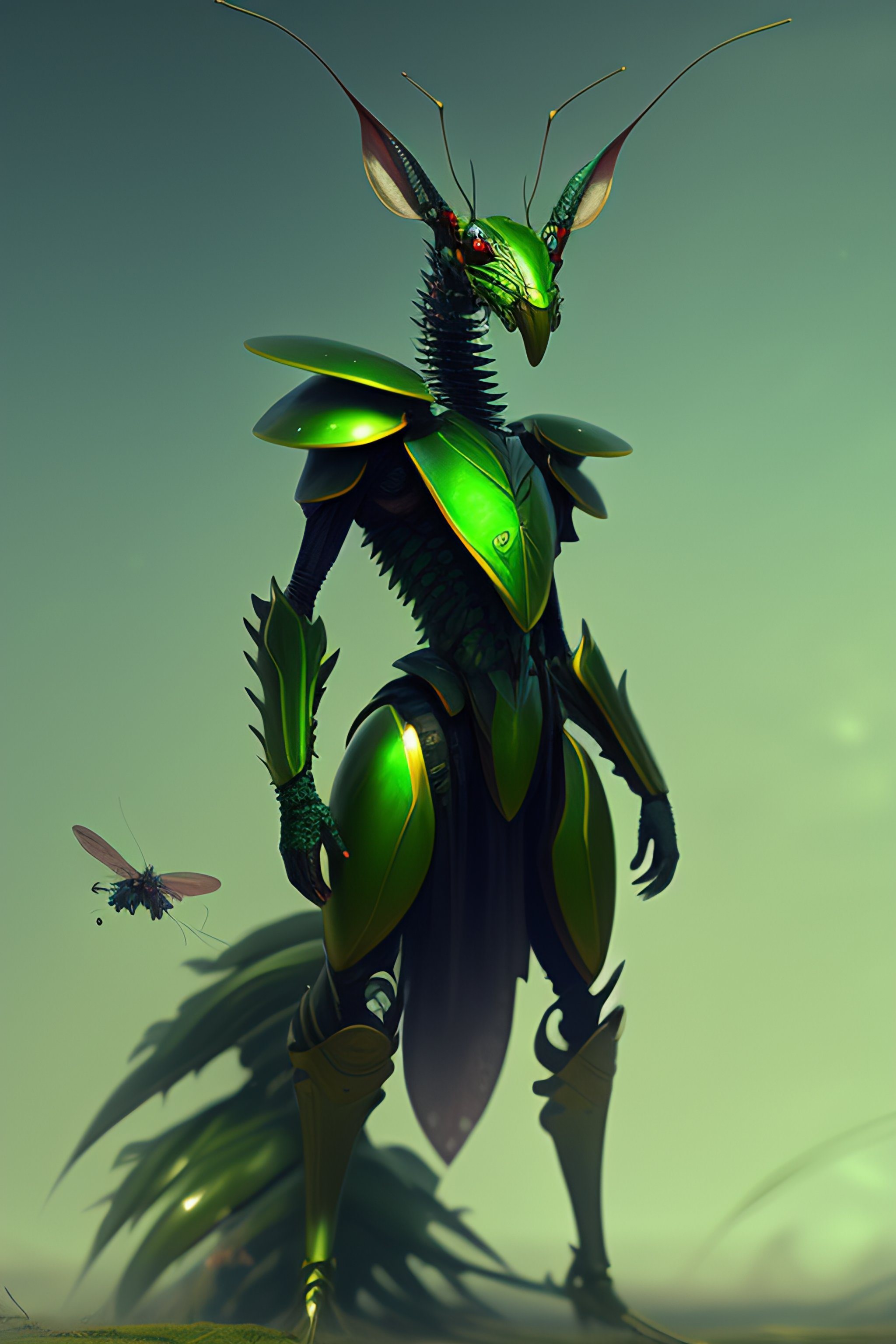 Lexica - Full body shot a of green man - mantis ; head with antennae ...