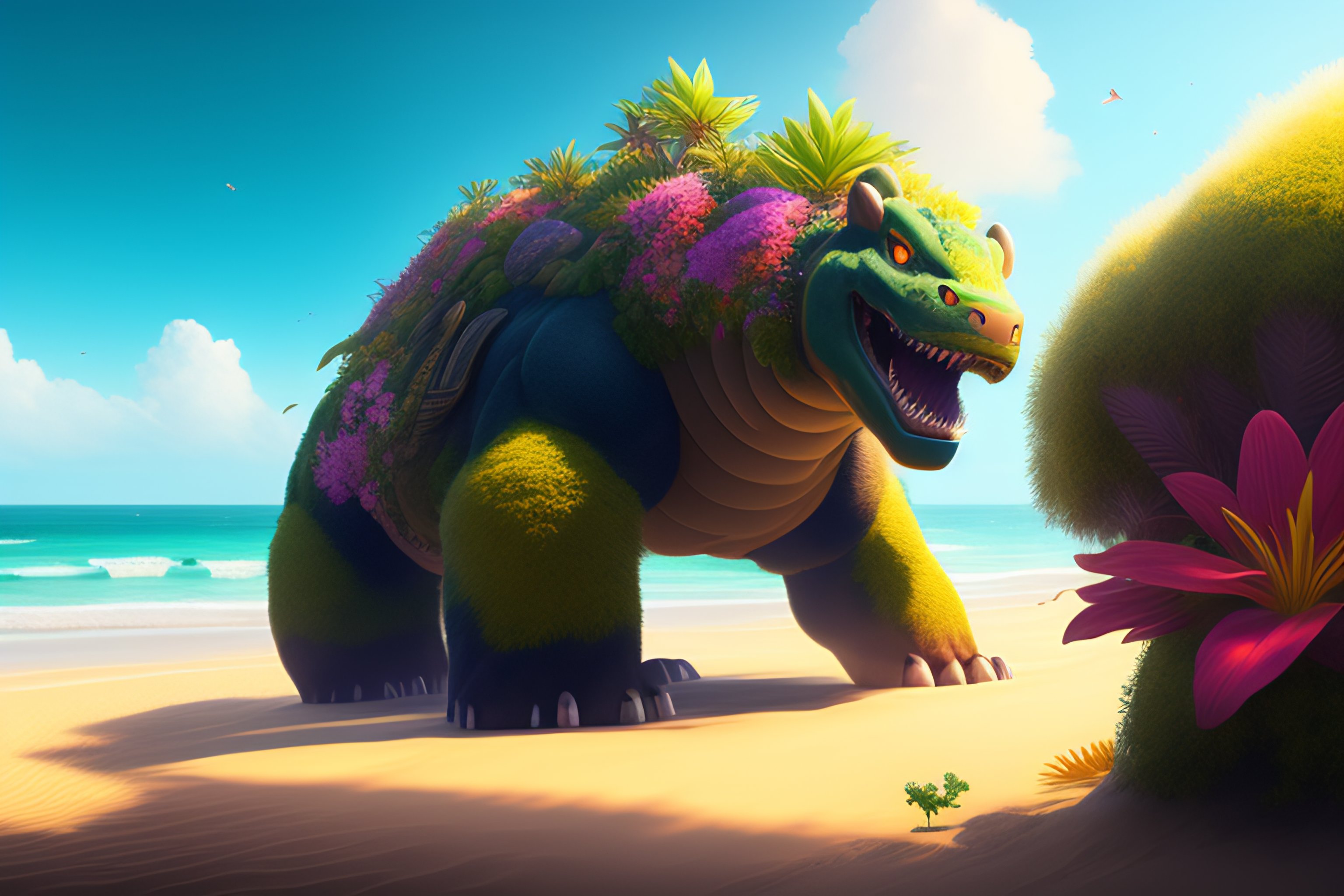 Lexica - Giant pokemon monster creature on tropical beach sand ...