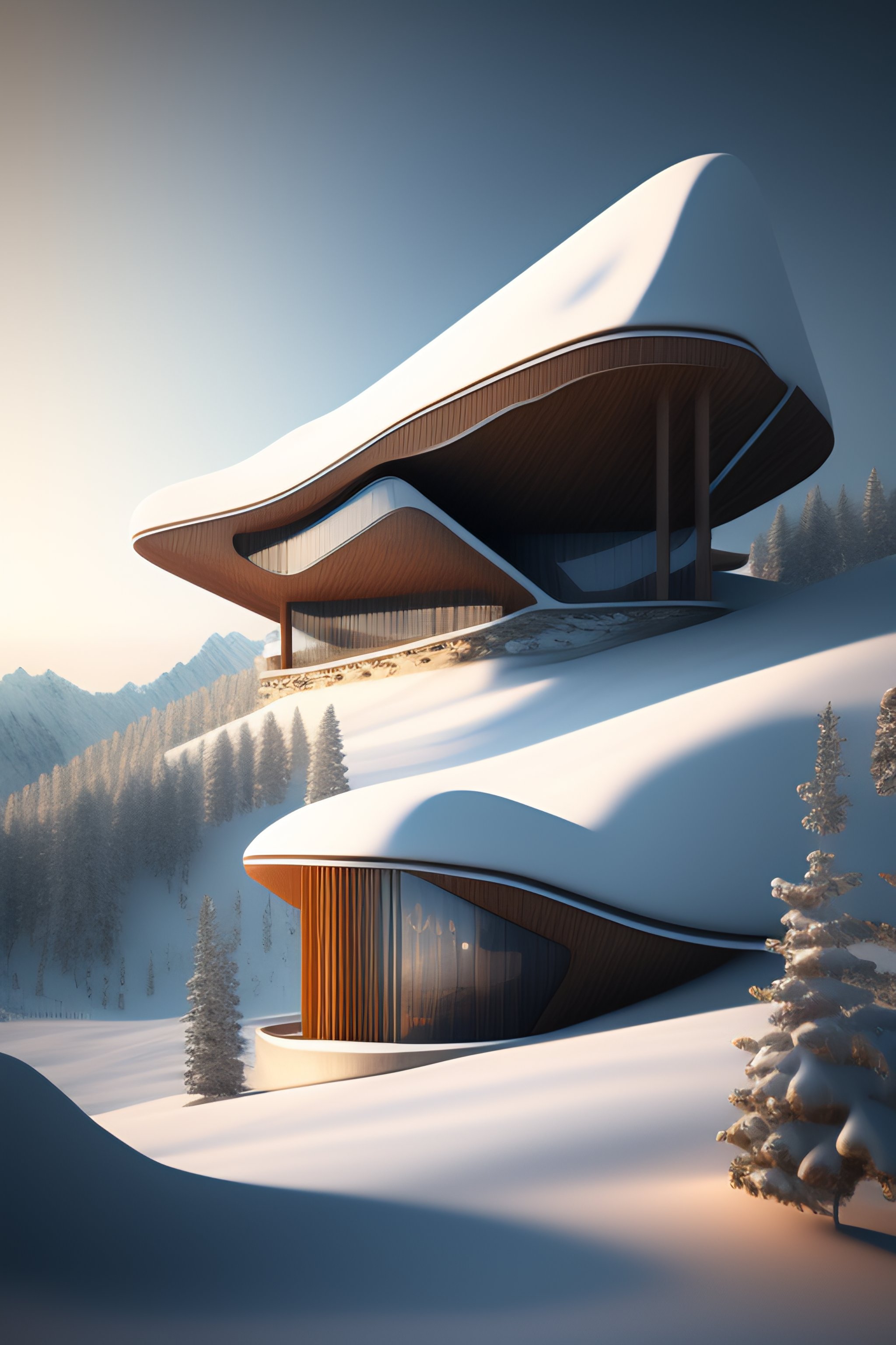 Lexica - Organic house in snow mountain, zaha hadid, wood finish, render, 8k, photorealistic ...