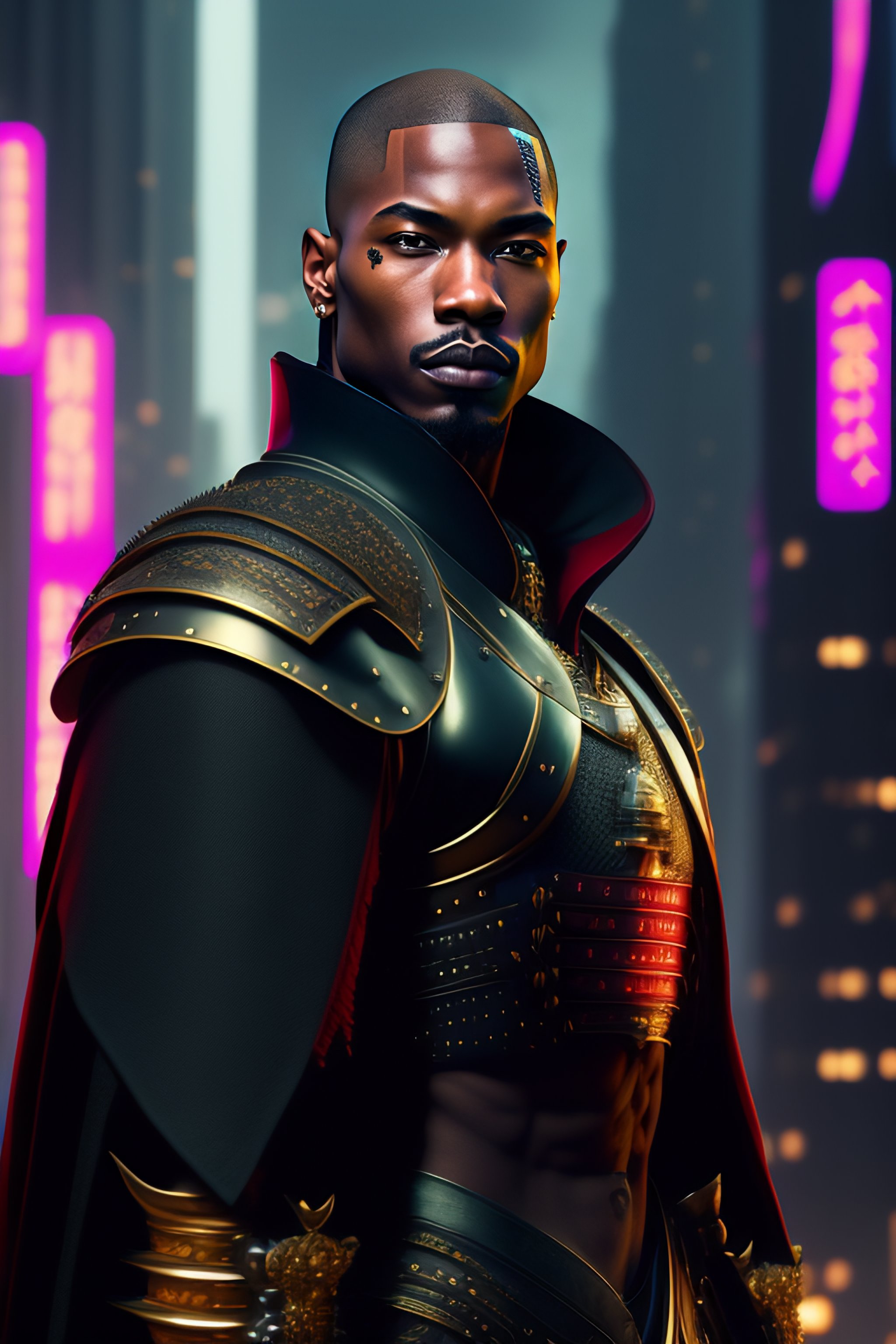 Lexica - Biracial black Cyberpunk male samurai with a bald head holding ...