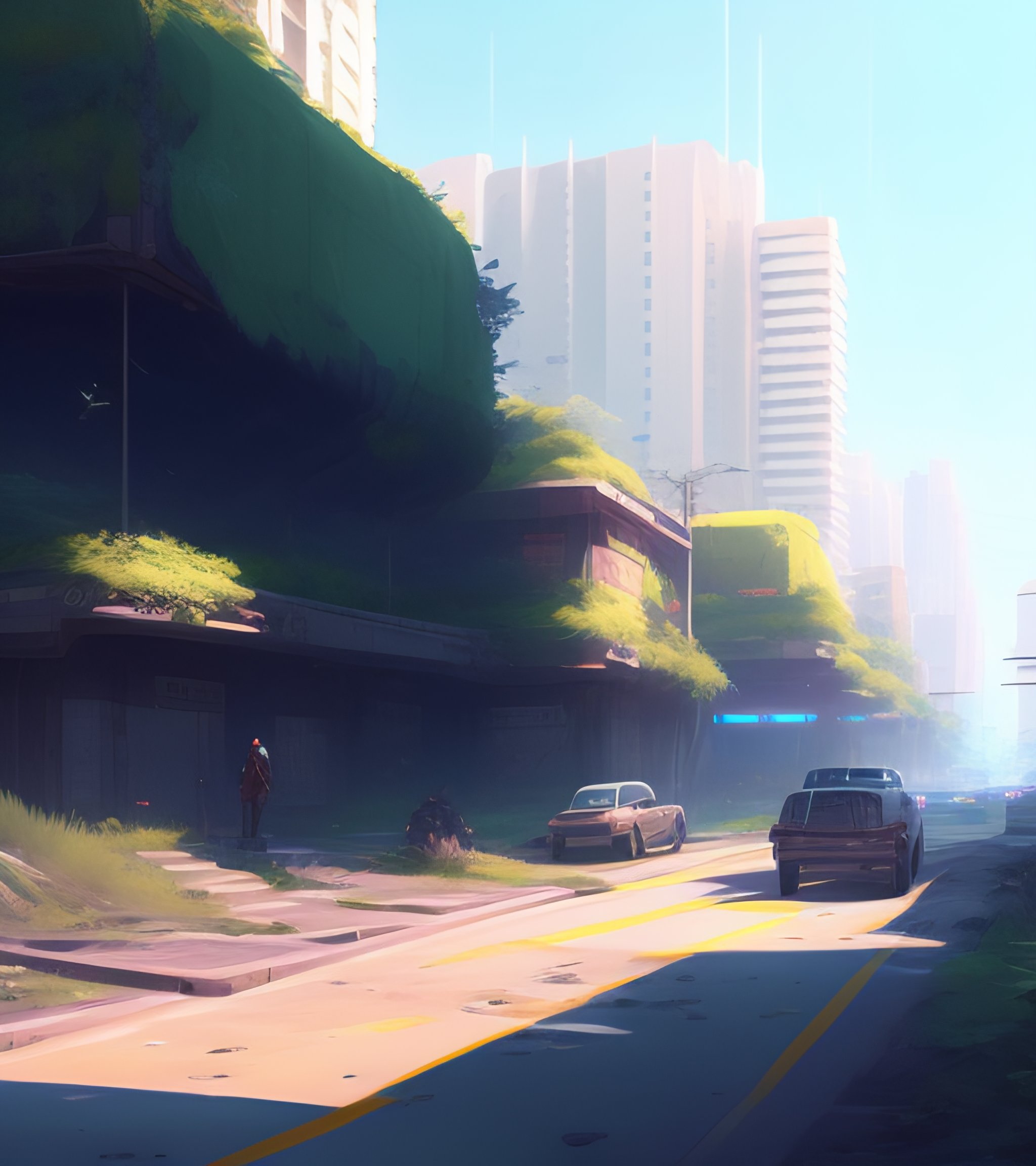 Lexica - Overgrown city street, background wide shot, post apocalyptic ...
